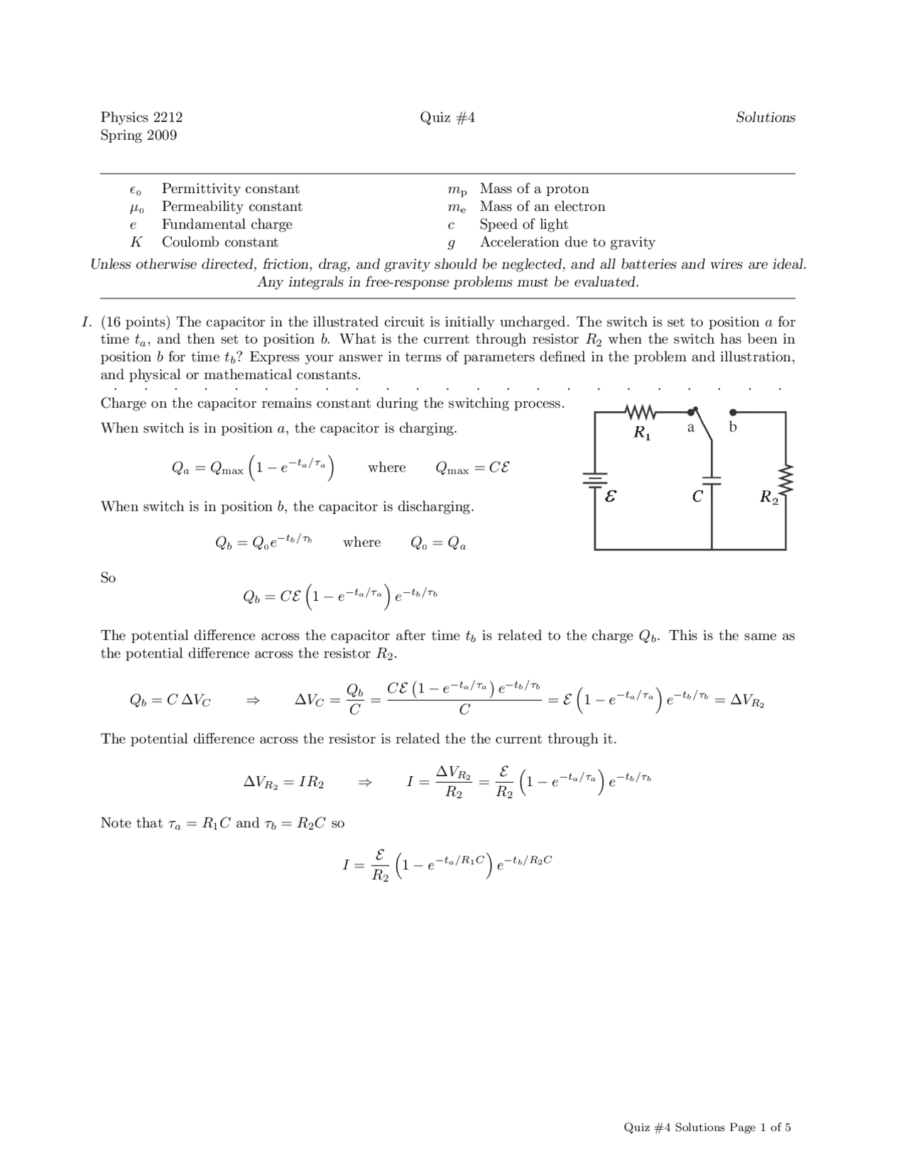 Solutions to Quiz 4 - Introductory Physics I | PHYS 2212 - Docsity