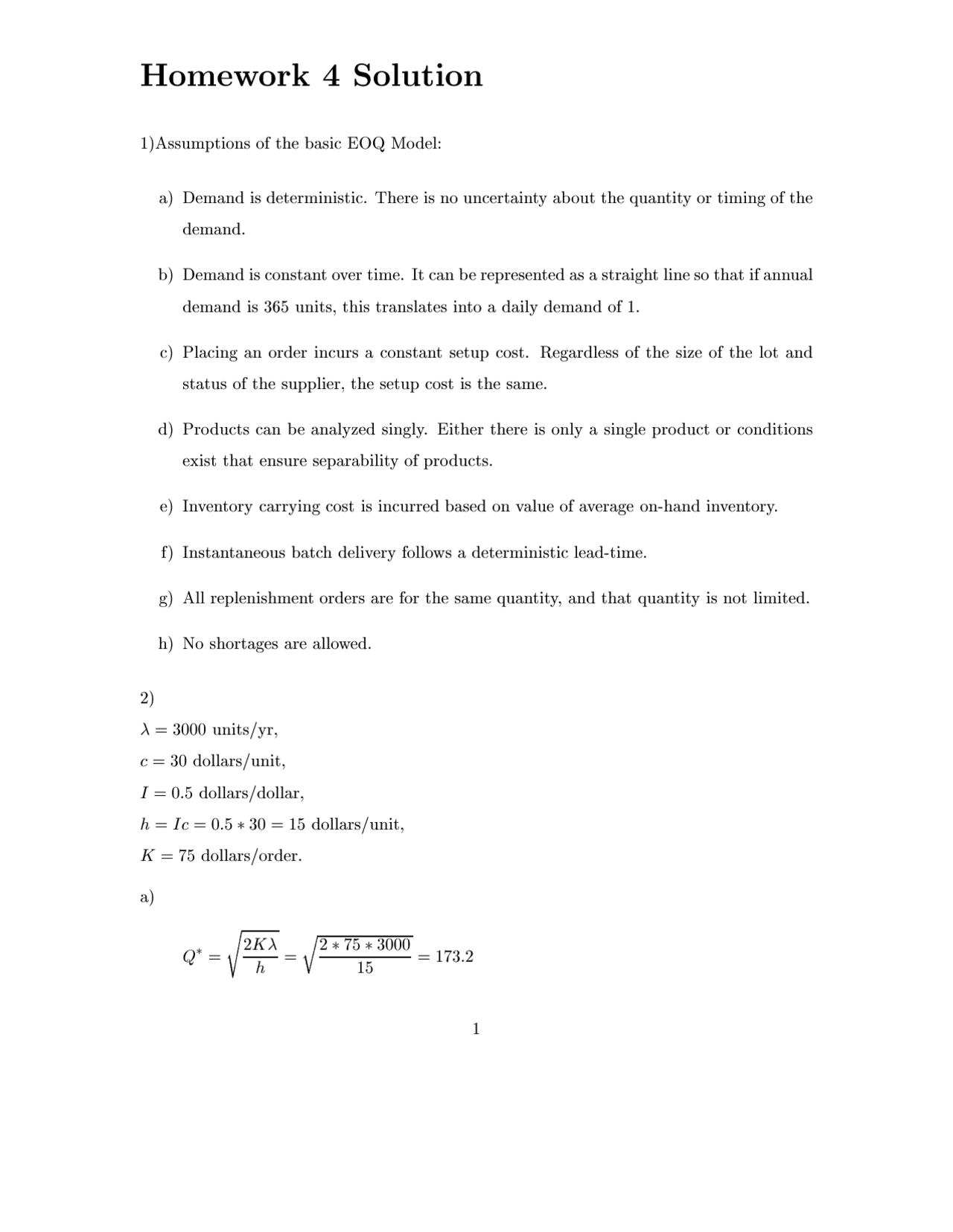 Homework 4 With Solution Of Supply Chain Module Isye 3104 Docsity
