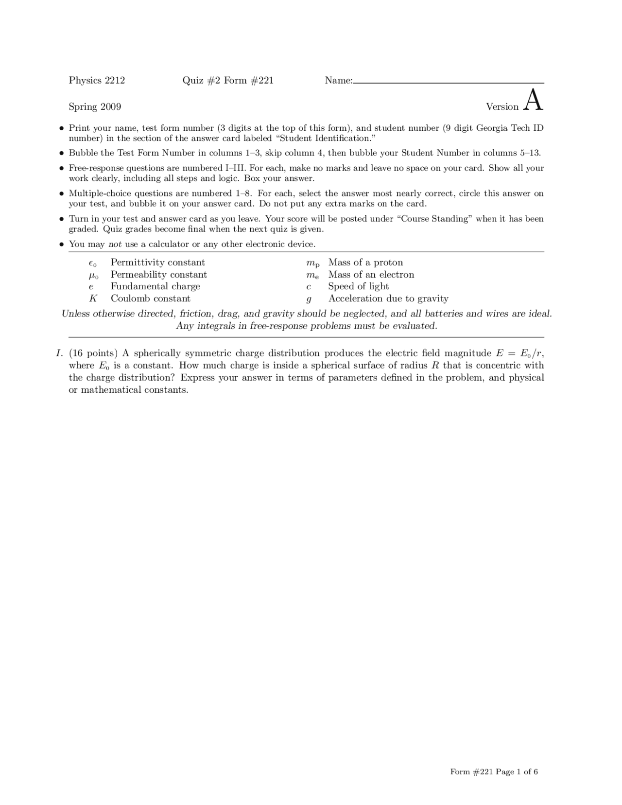 Quiz 2 with 7 Problems - Introduction to Physics II | PHYS 2212 | Quizzes Physics | Docsity