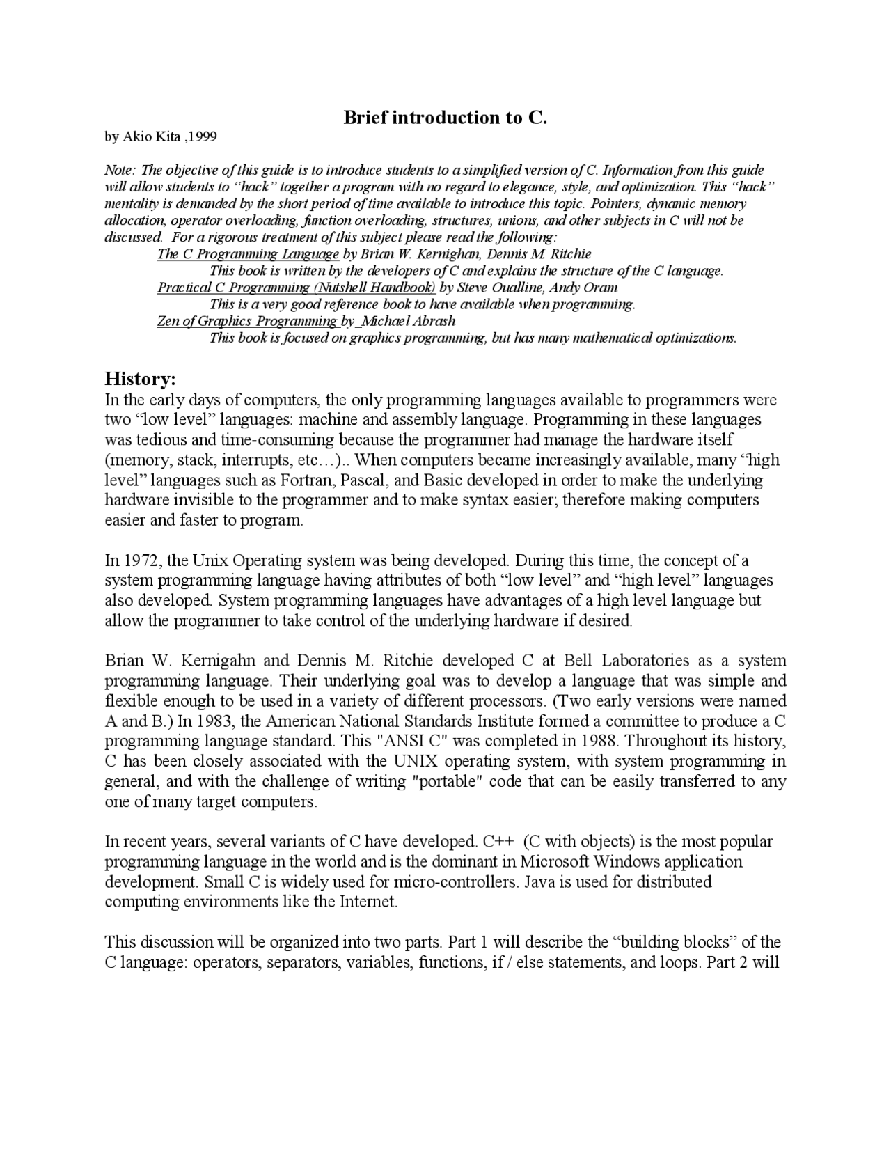 The C Programming Language - Introduction to Mechatronics | ME 6405 - Docsity