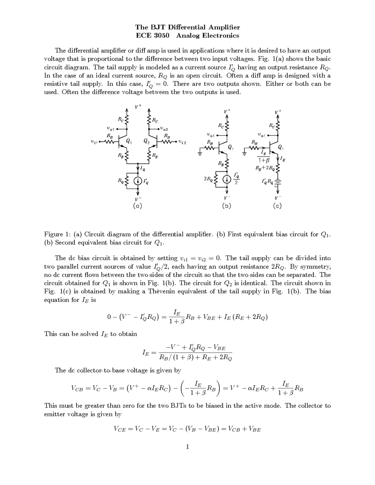 The Bjt Differential Amplifier In Analogue Electronics Ece 3050 Docsity