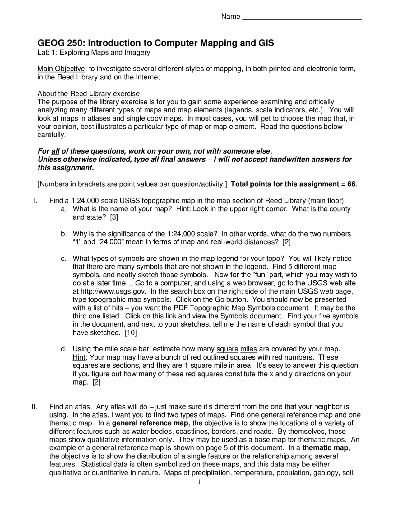 Laboratory 1: Exploring Maps and Imagery | GEOG 250 - Docsity