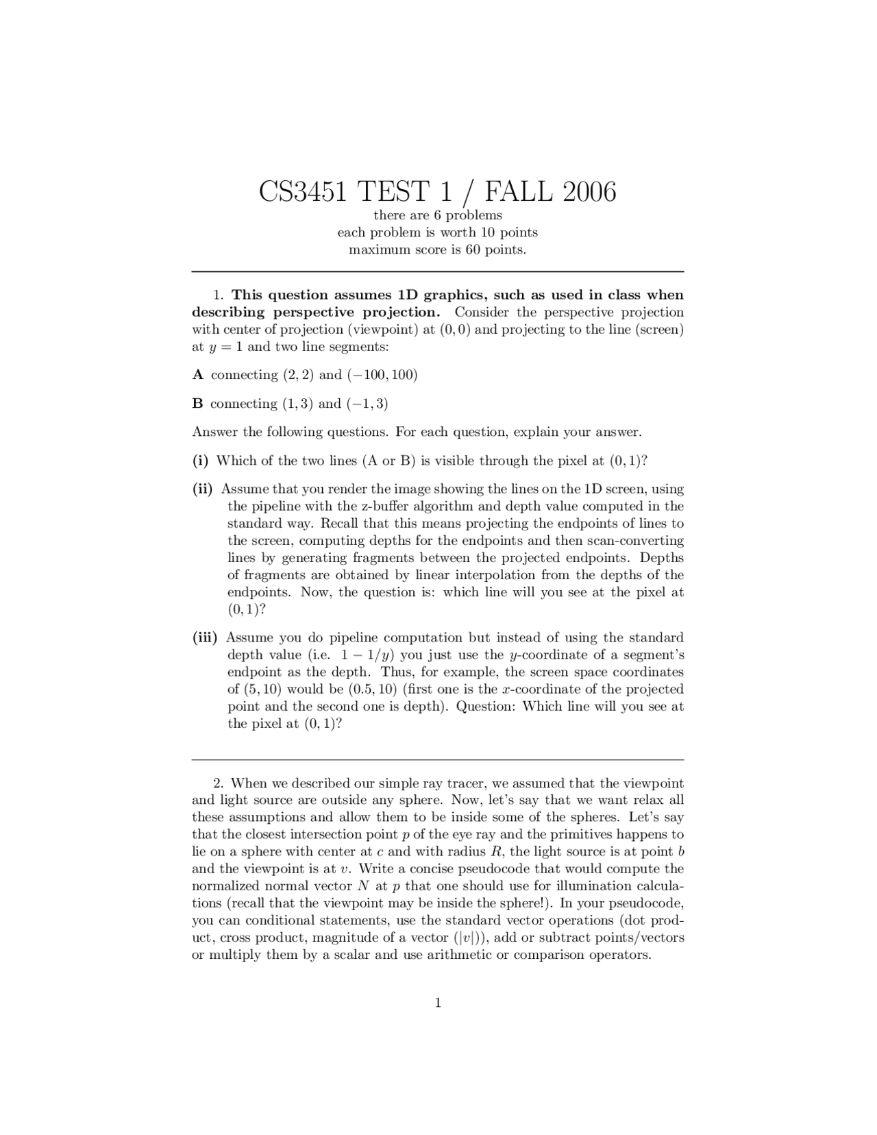 Test 1 Questions Computer Graphics Cs 3451 Exams Computer