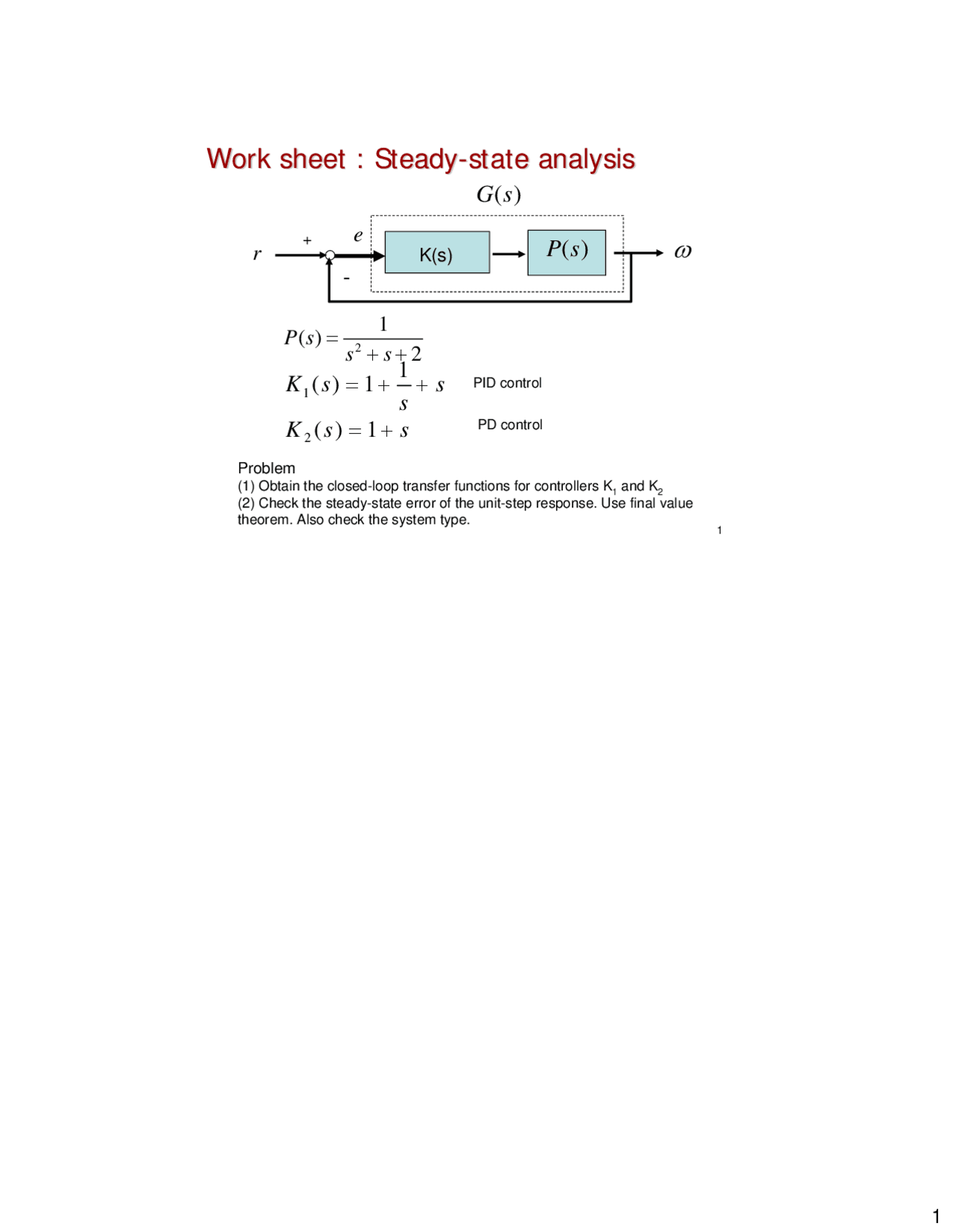 System Dynamics And Control Worksheet Steady State Analysis Me
