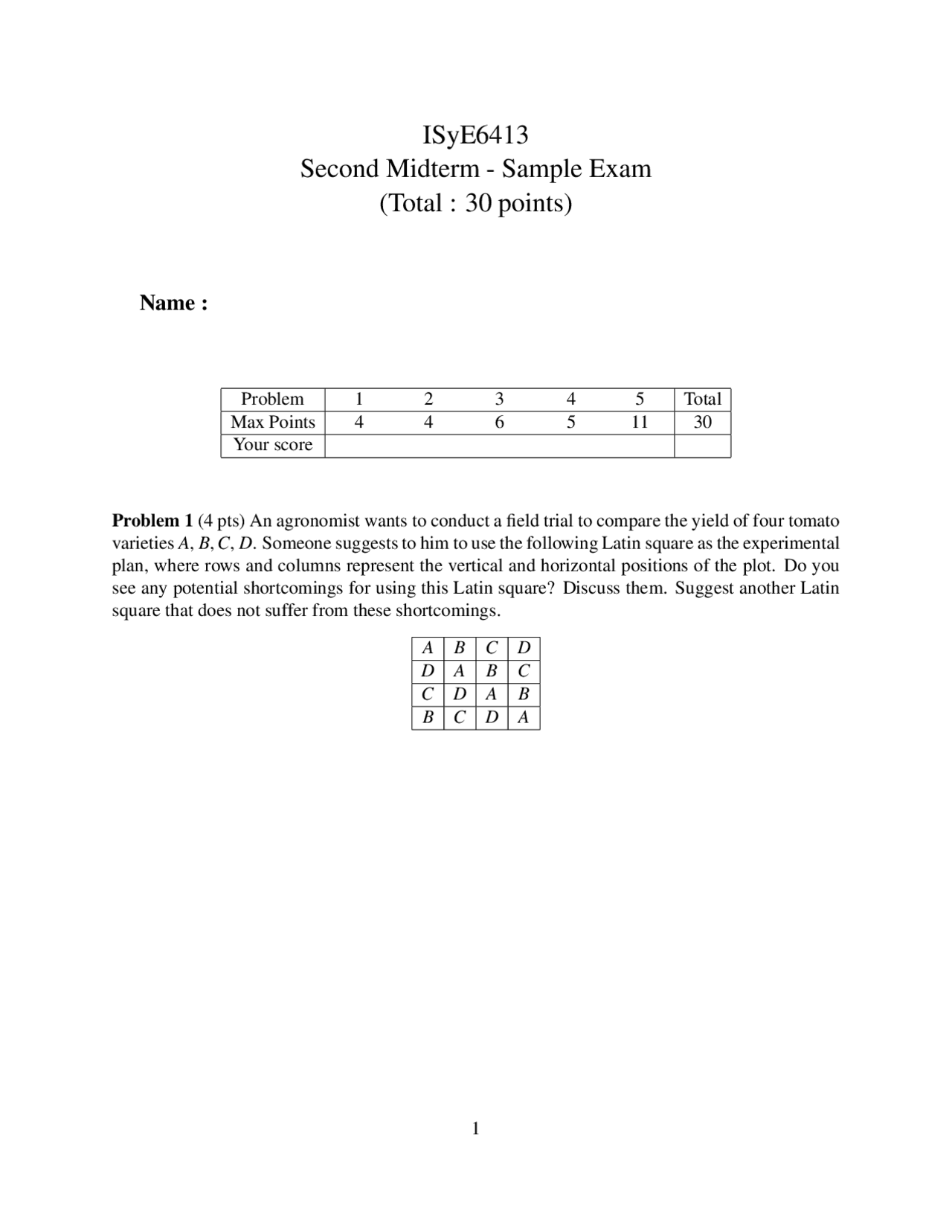5 Problems Of Design And Analysis Experiments Midterm Exam 2 Isye