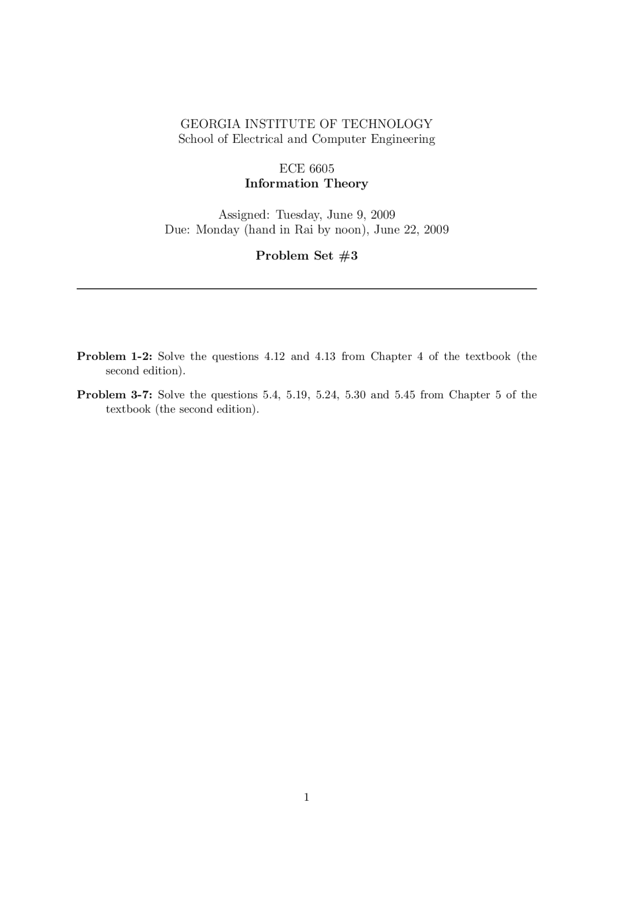 Problems on the Information Theory - Homework 5 | ECE 6605 - Docsity