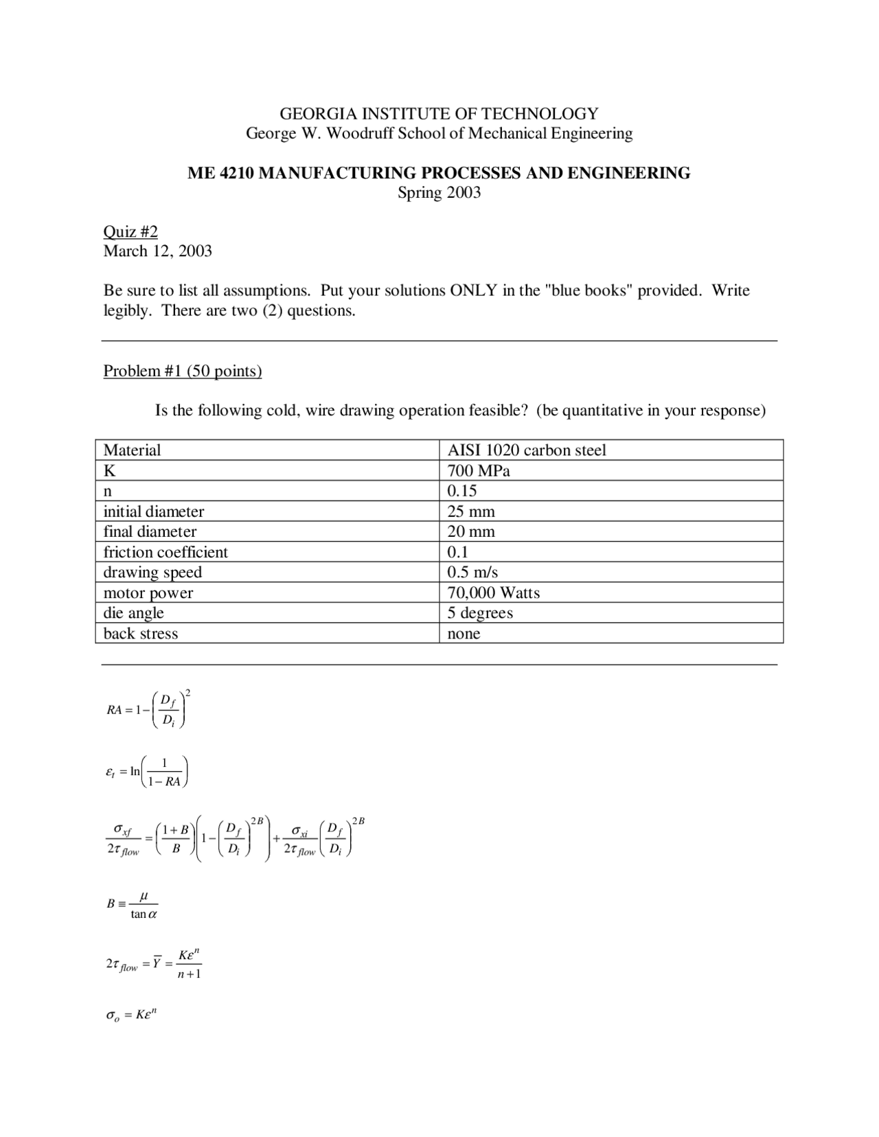 Solved Quiz 2 Manufacturing Process Engineer Me 4210 Docsity