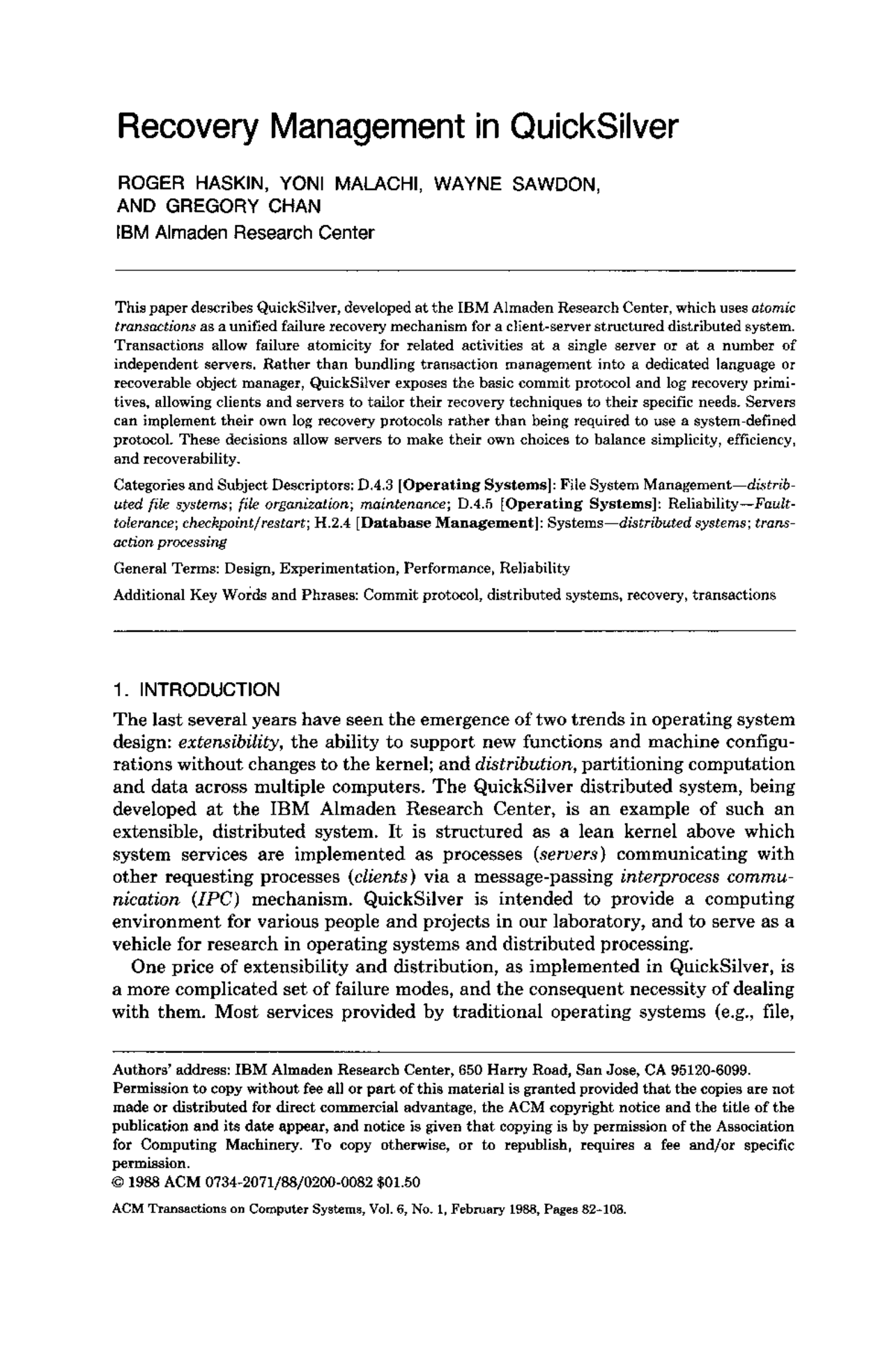 Recovery Management in Quicksilver - Advanced Operating Systems | CS 6210 - Docsity