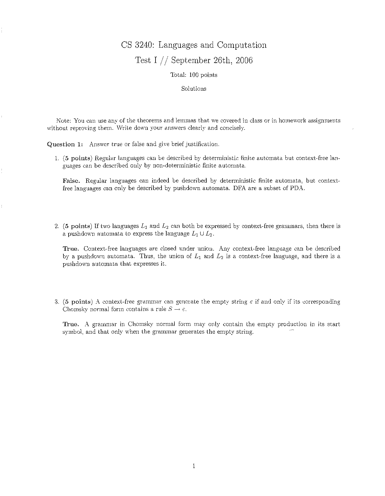Test 1 Questions with Solution - Languages and Computation | CS 3240 ...