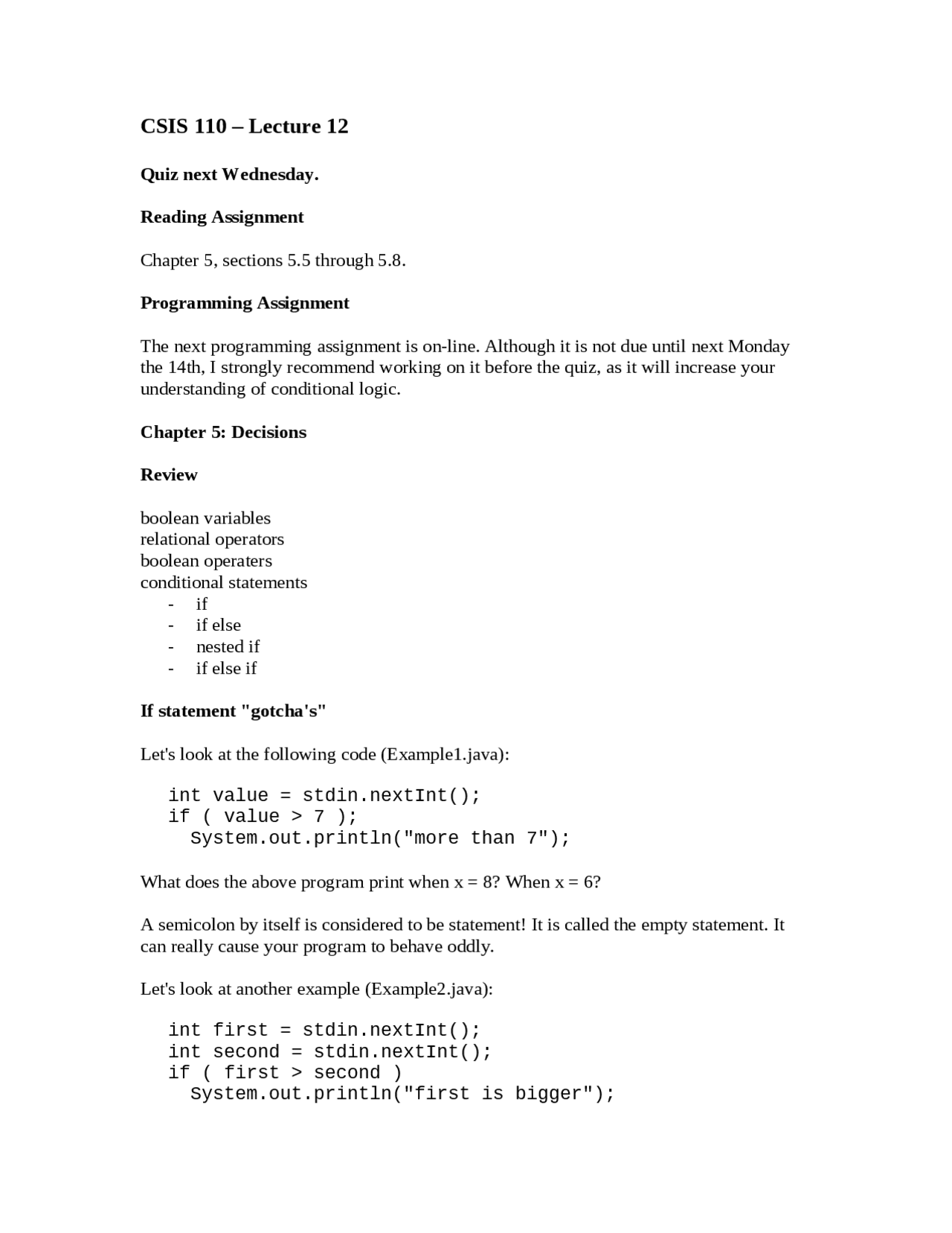 Introduction to Programming in Java – Decisions - Review | CSIS 110 ...