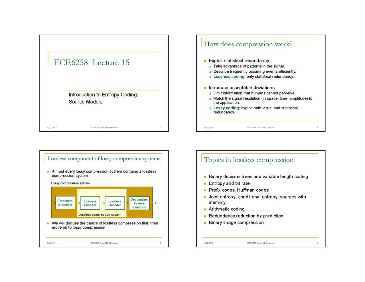 Introduction To Entropy Coding Source Models Slides Ece 6258 Docsity