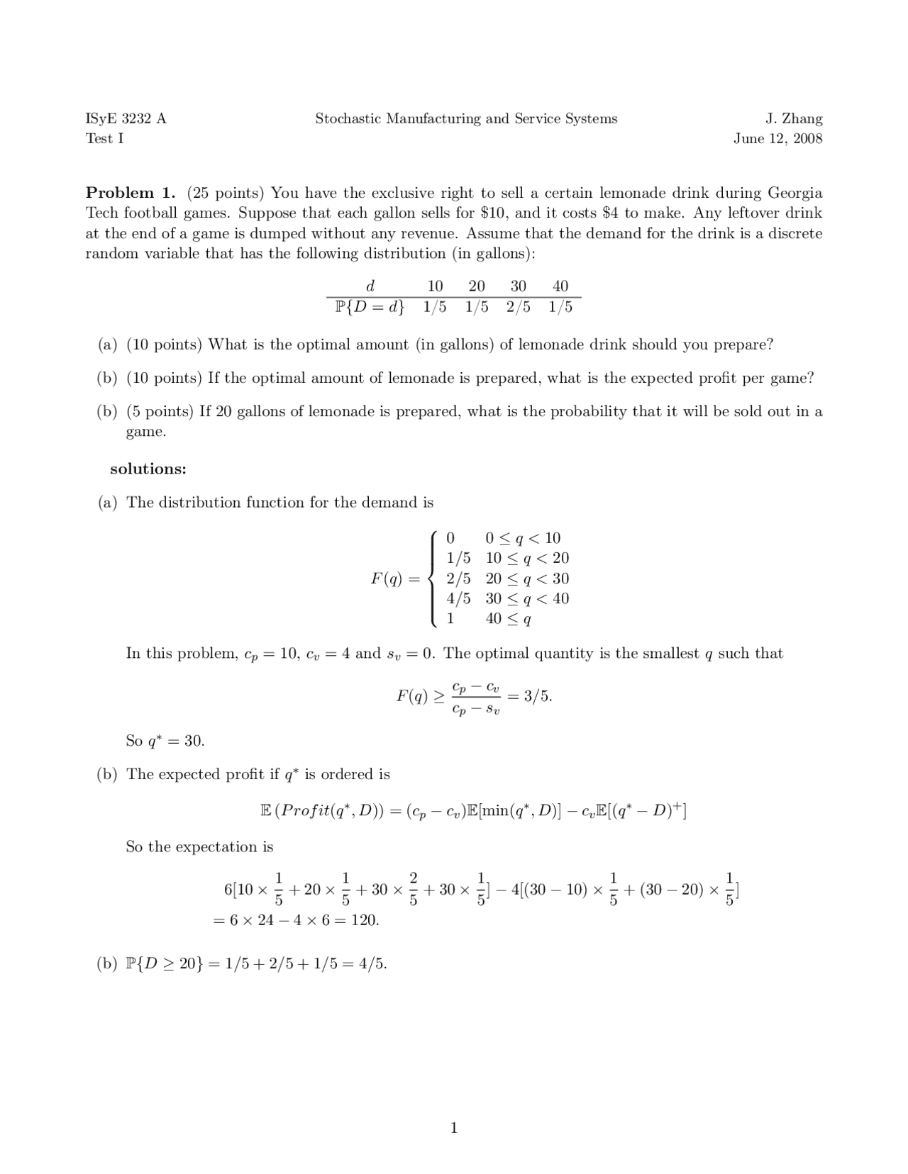 Test 1 With Solutions Stochastic Manufacturing And Service Systems