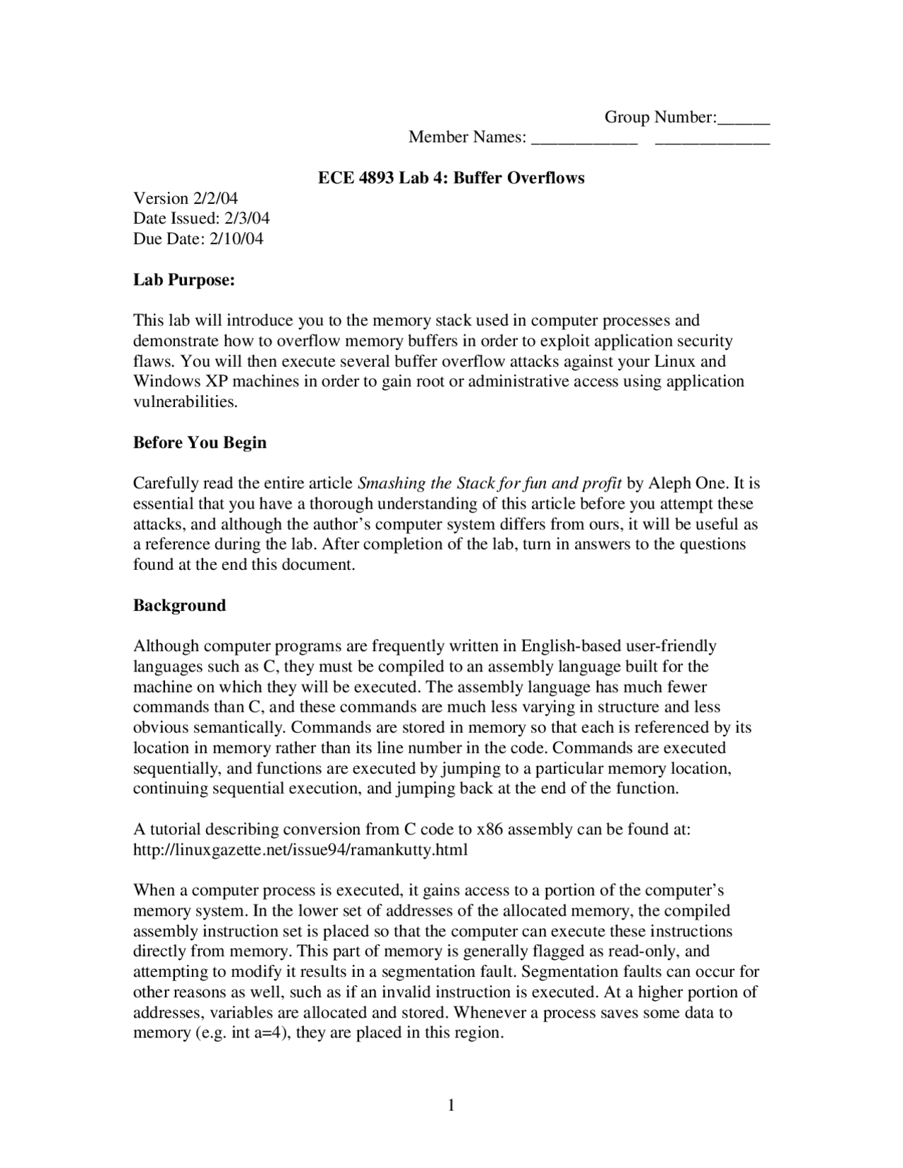 Lab 4 Buffer Overflows Internetwork Security Ece 4112 Docsity