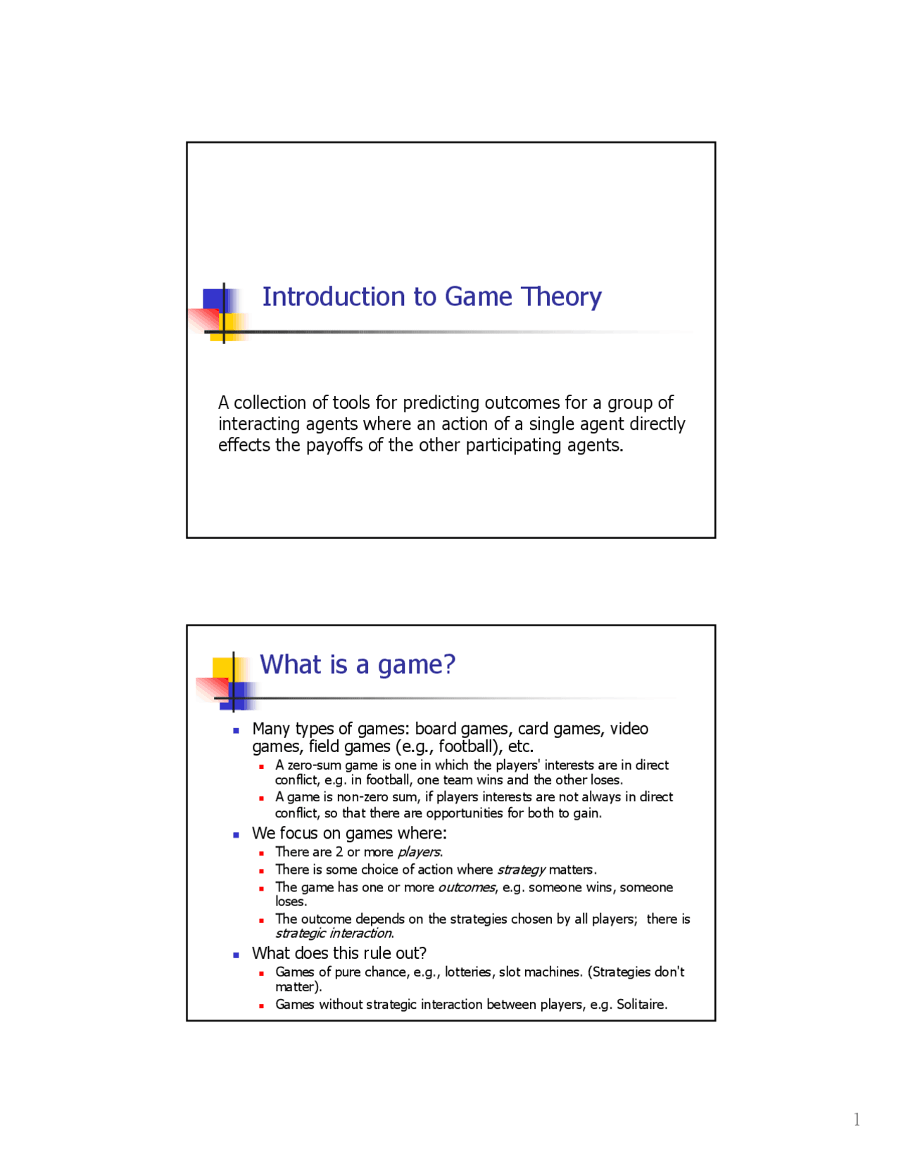 Introduction To Game Theory Lecture Slides Isye 6230 Docsity