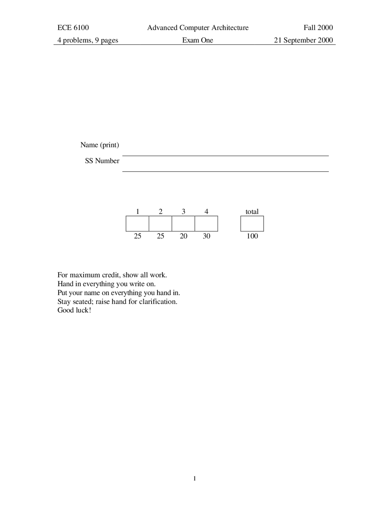 Problems On Advanced Computer Architecture Exam 1 Ece 6100 Docsity