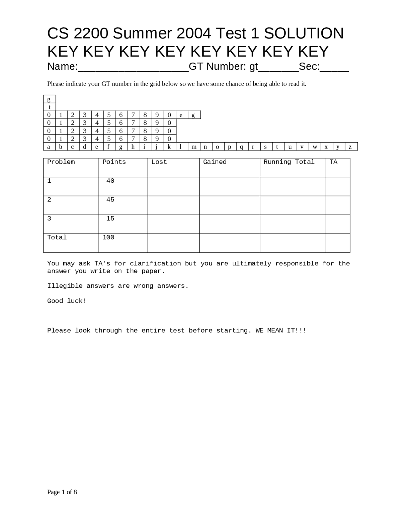 Solution key of Test 1 on Systems and Networks | CS 2200 - Docsity