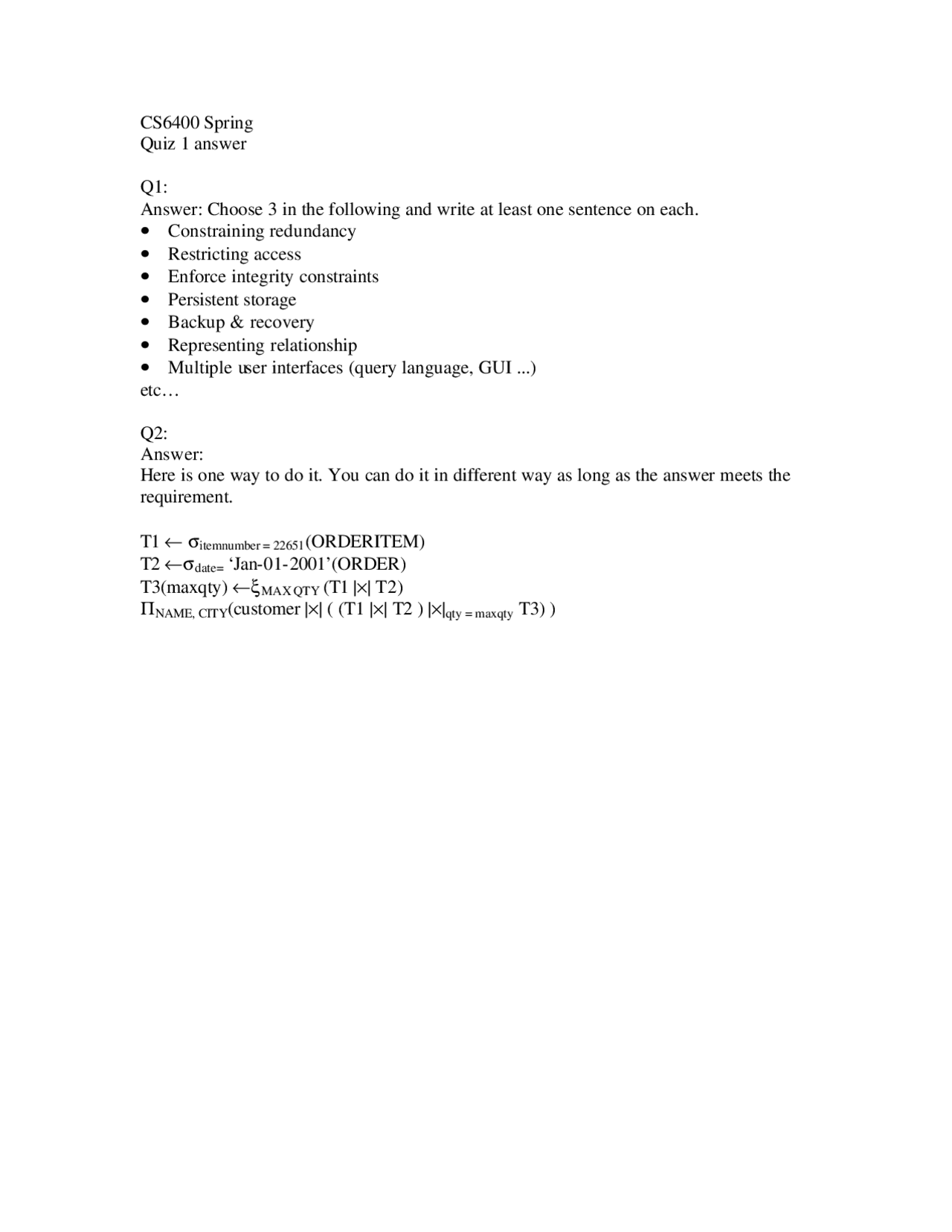 Quiz 1 With Answer Key Database System Concepts And Design Cs 6400 Quizzes Computer