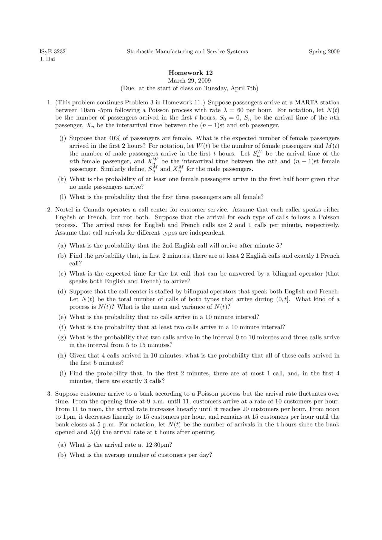 Practice Problem Set 12 Stochastic Manufacturing And Service System