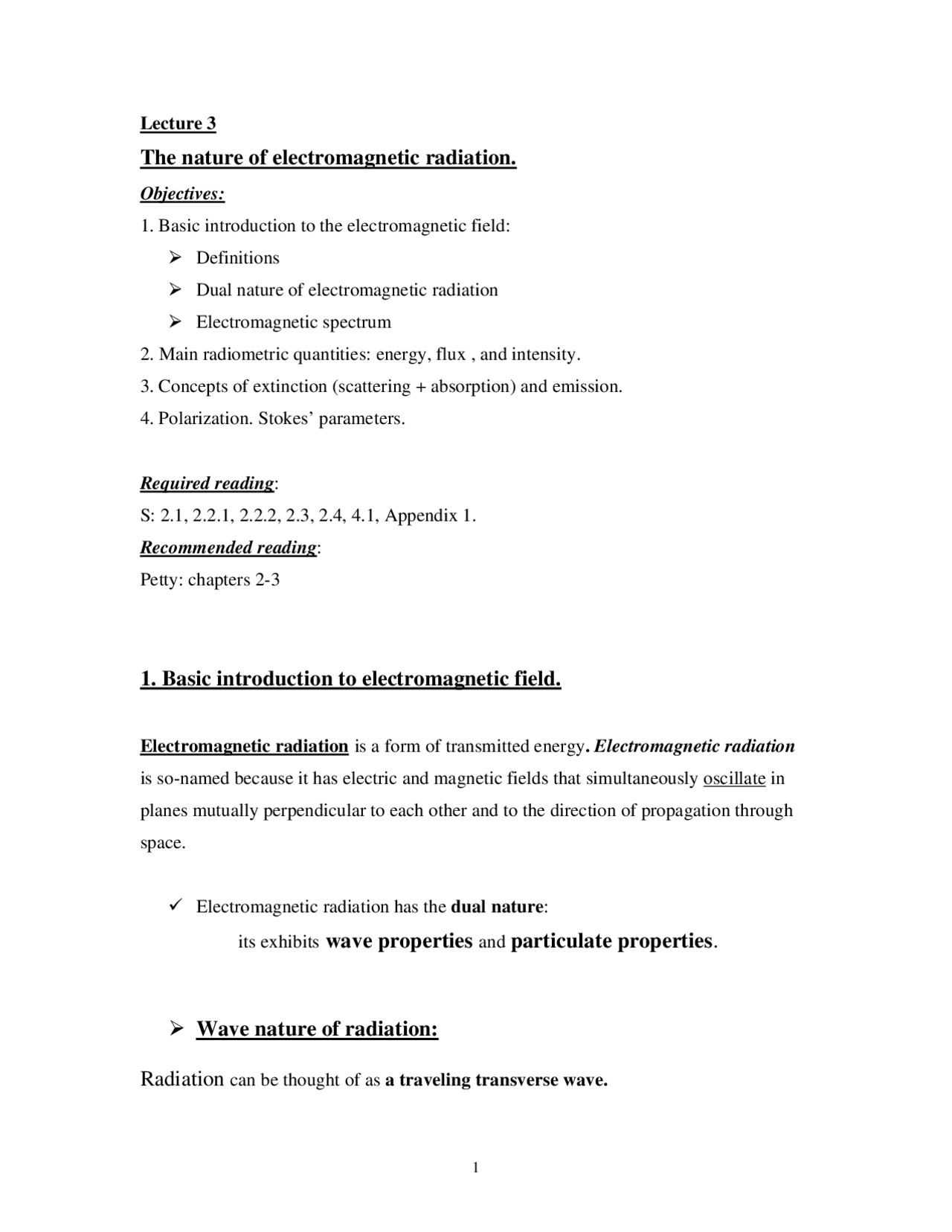 The Nature Of Electromagnetic Radiation Lecture Notes Eas 6145
