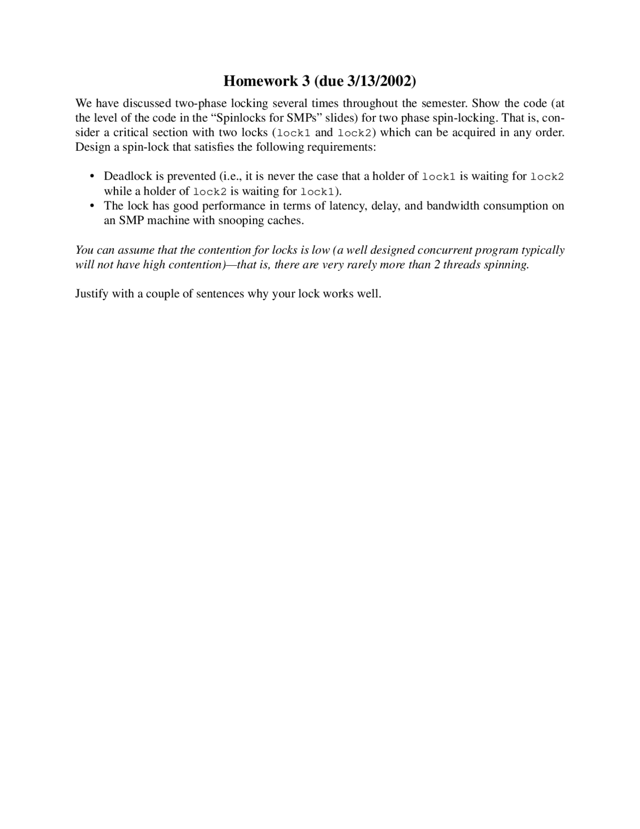 Advanced Operating Systems Homework 3 Fall 2002 Cs 4210 Docsity