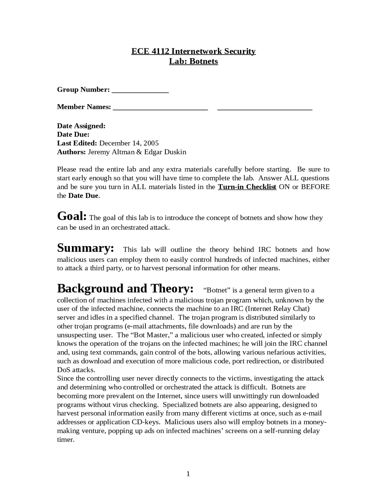 Laboratory Report For Botnet Internetwork Security Ece 4112 Docsity
