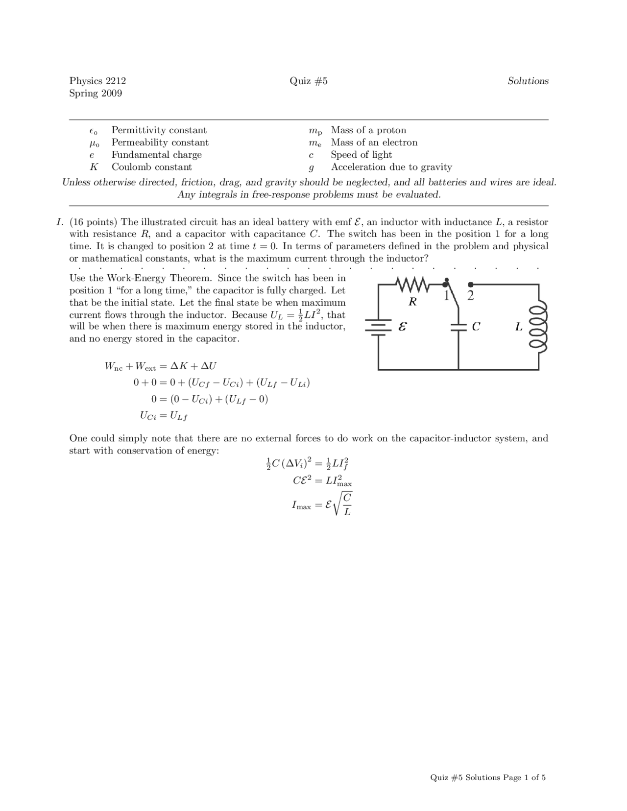 Solutions To Quiz 5 Introductory Physics I Phys 2212 Docsity