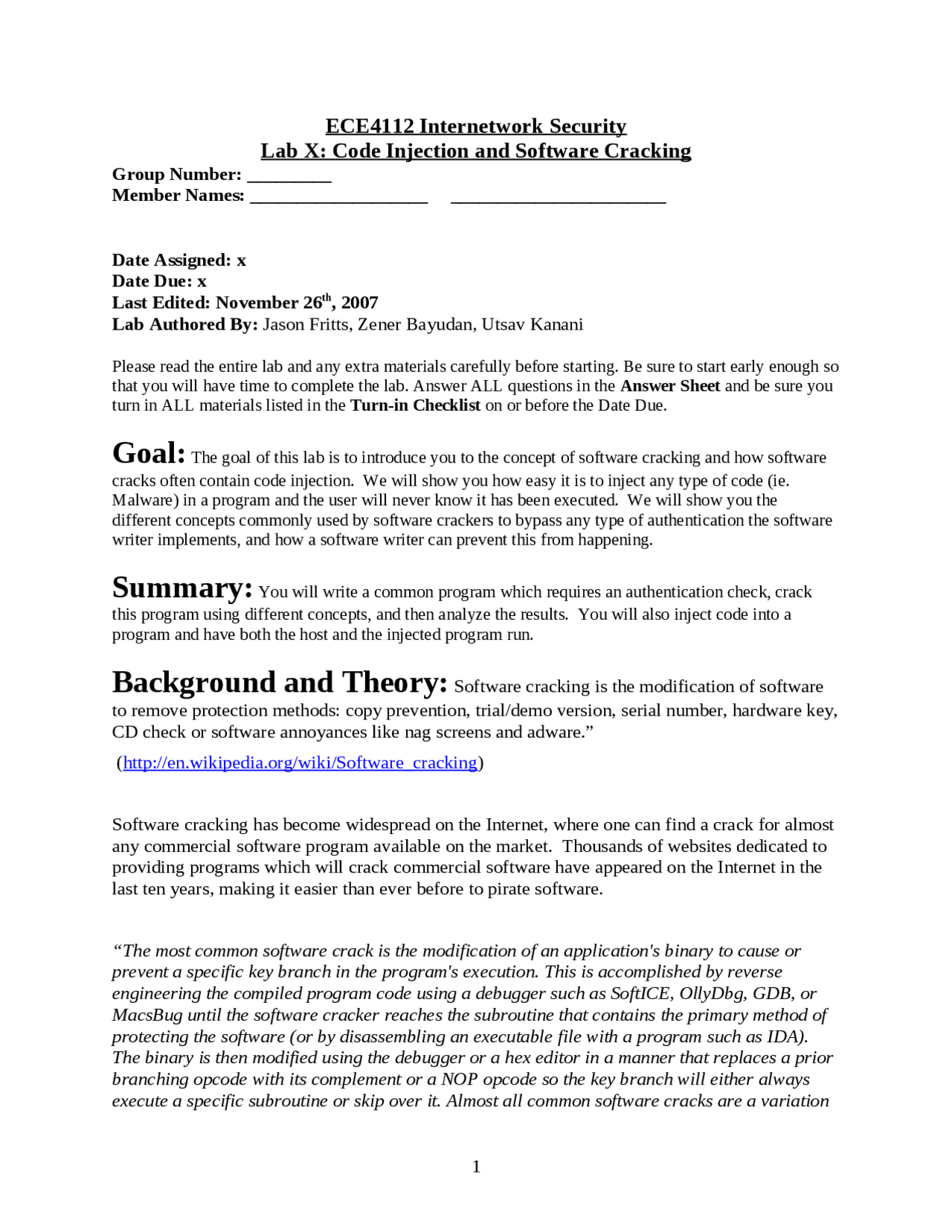 The Code Injection And The Software Tracking Experiment Ece 4112 Docsity