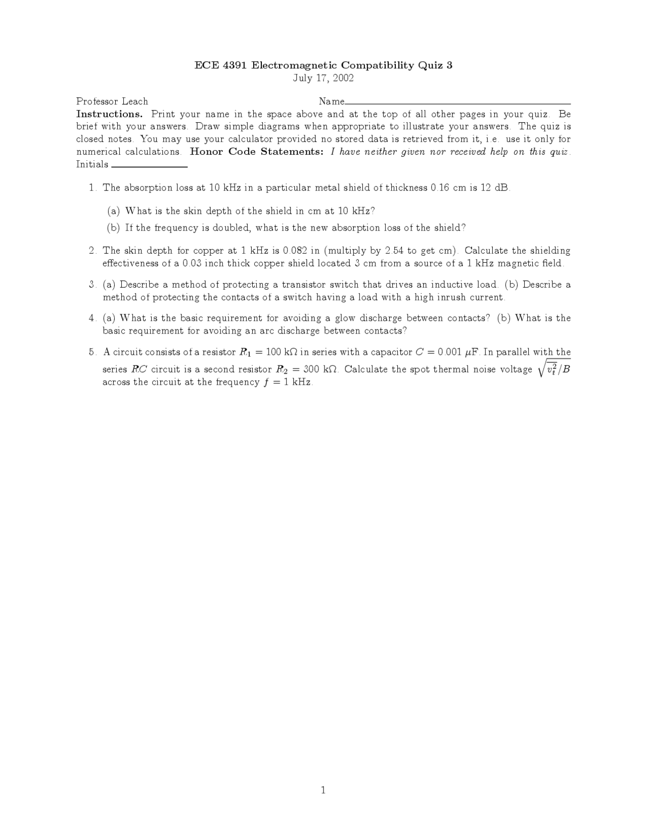 Quiz 3 Electromagnetic Compatibility Ece 4391 Docsity
