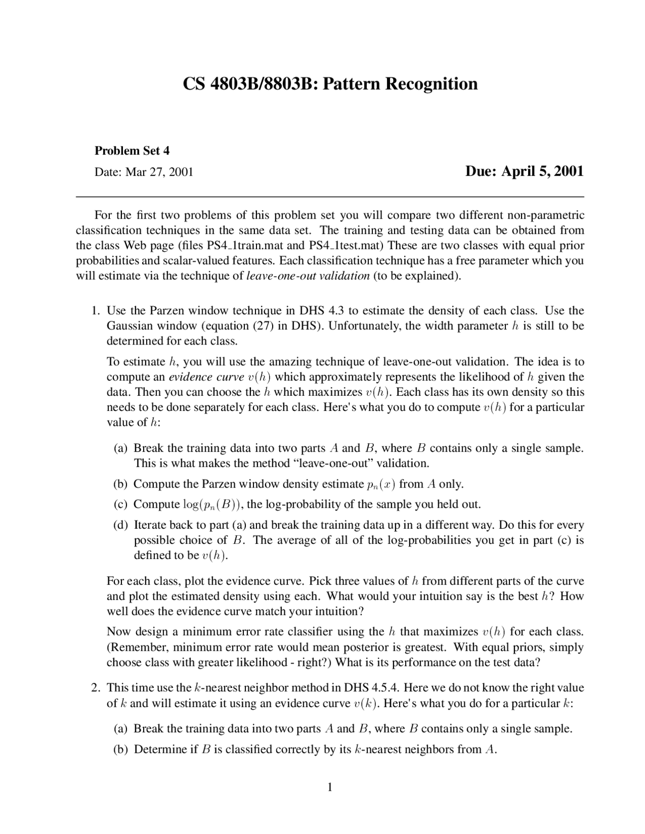 Pattern Recognition Problem Set 4 Cs 4803 Docsity