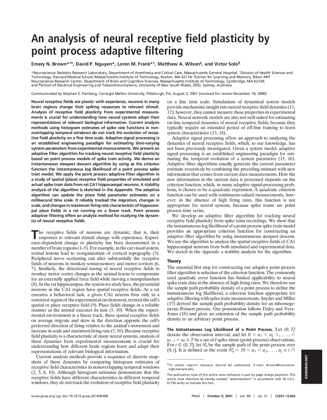 An Analysis Of Neural Receptive Field Plasticity By Point Process