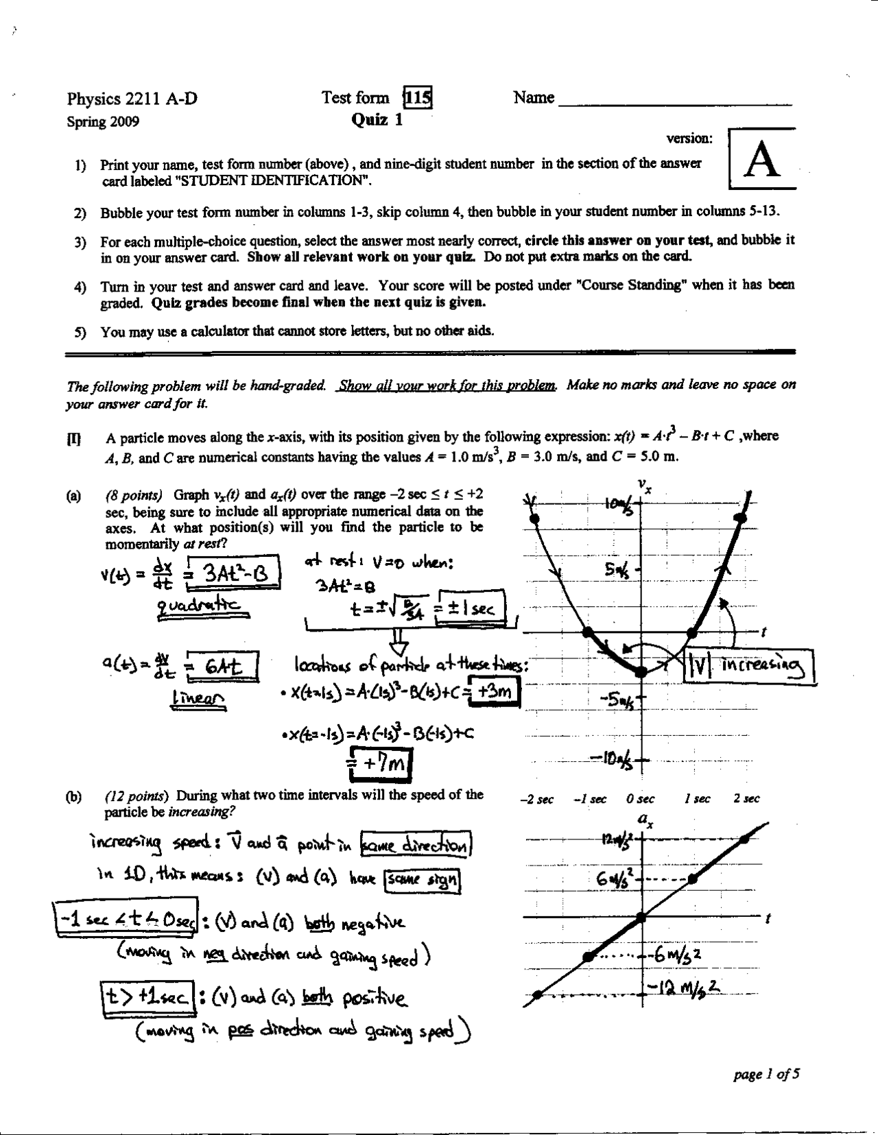 Solved Quiz 1 Questions Introduction To Physics I Spring 2009 Phys