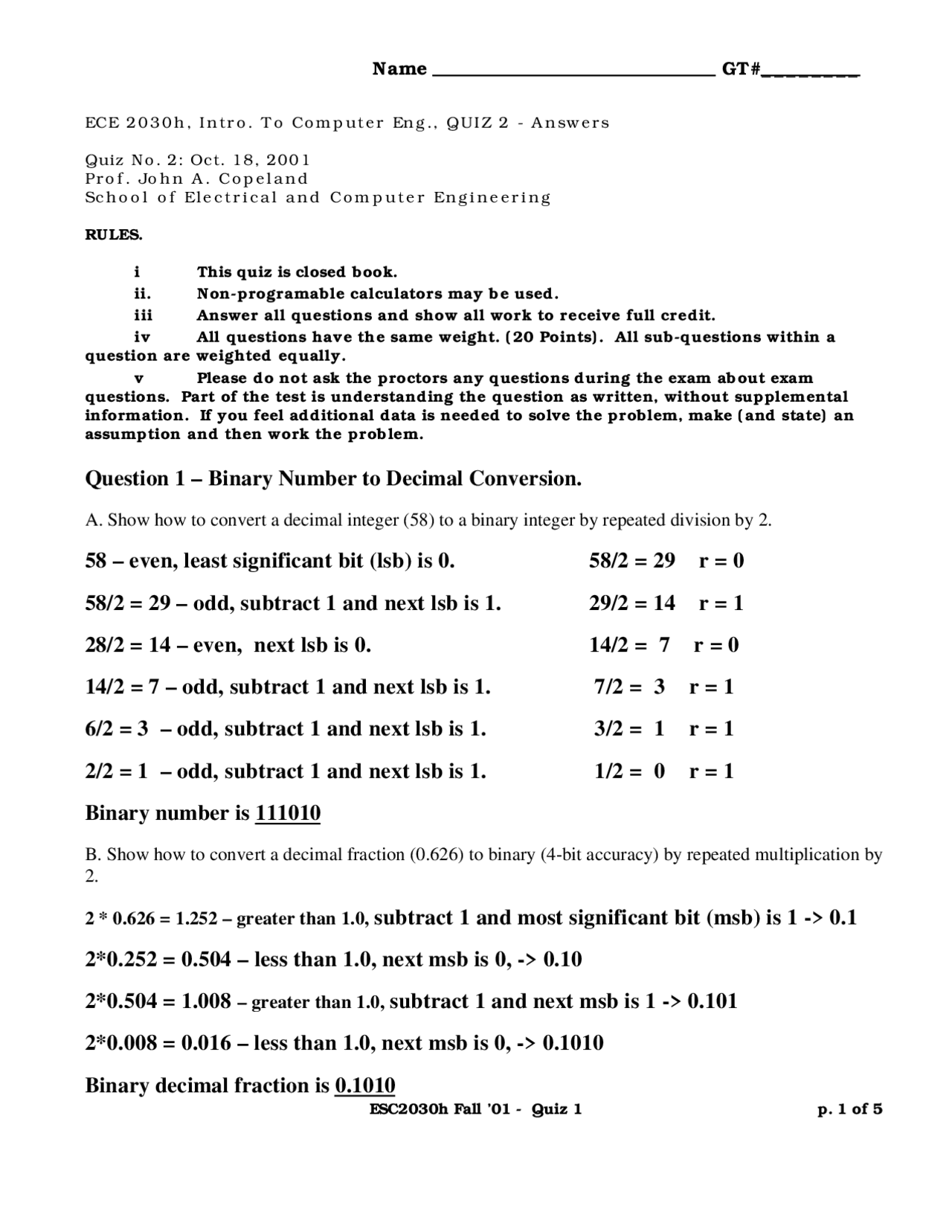 Quiz 2 Answers for Introduction to Computer Engineering | ECE 2030 - Docsity