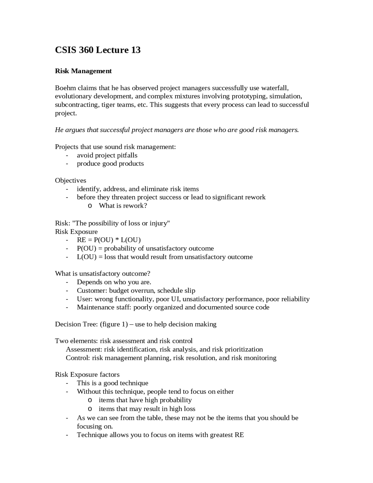 Risk Management Risk Resolution And Monitoring Lecture Notes Csis 360 Docsity