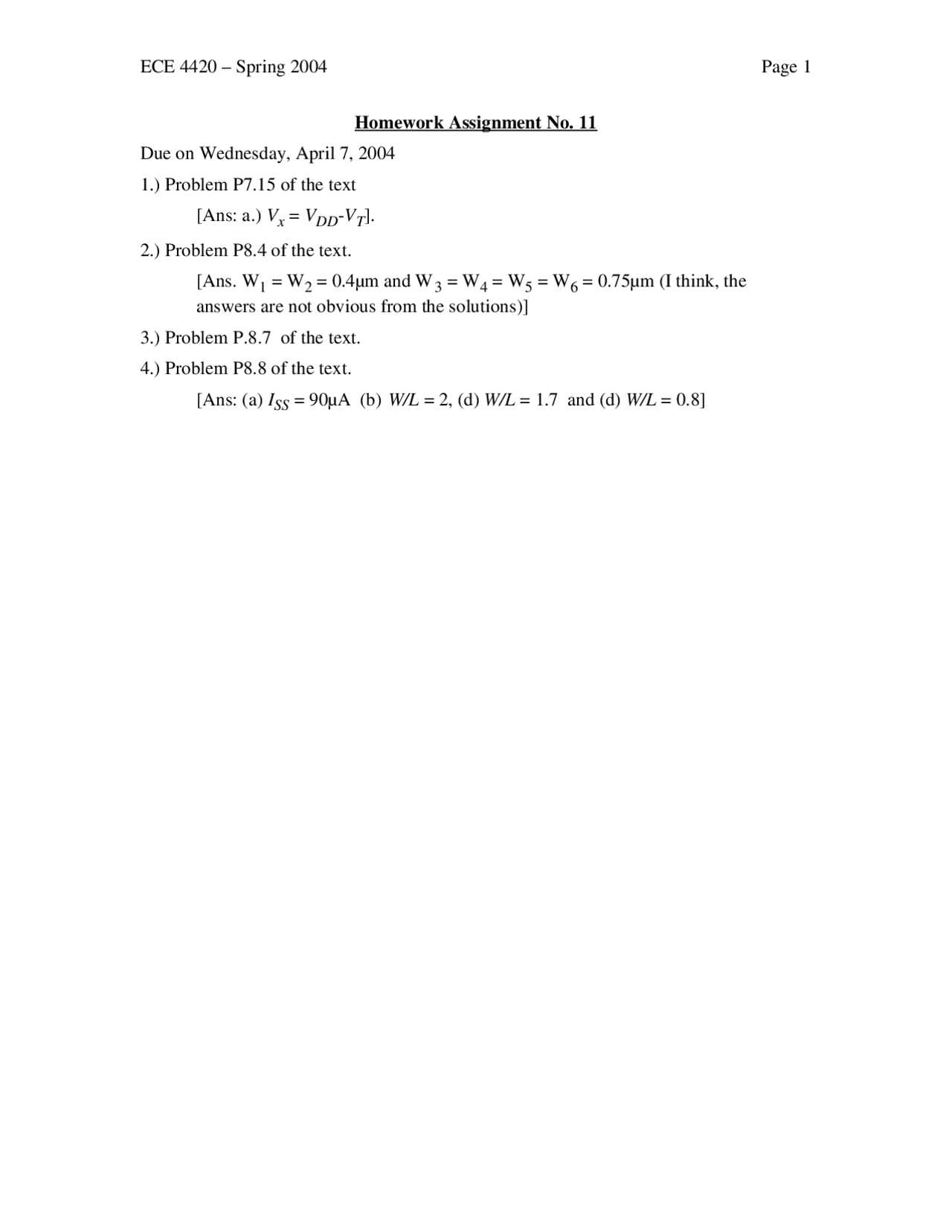 Homework 11 Practice Questions Digital Integrated Circuits 2004