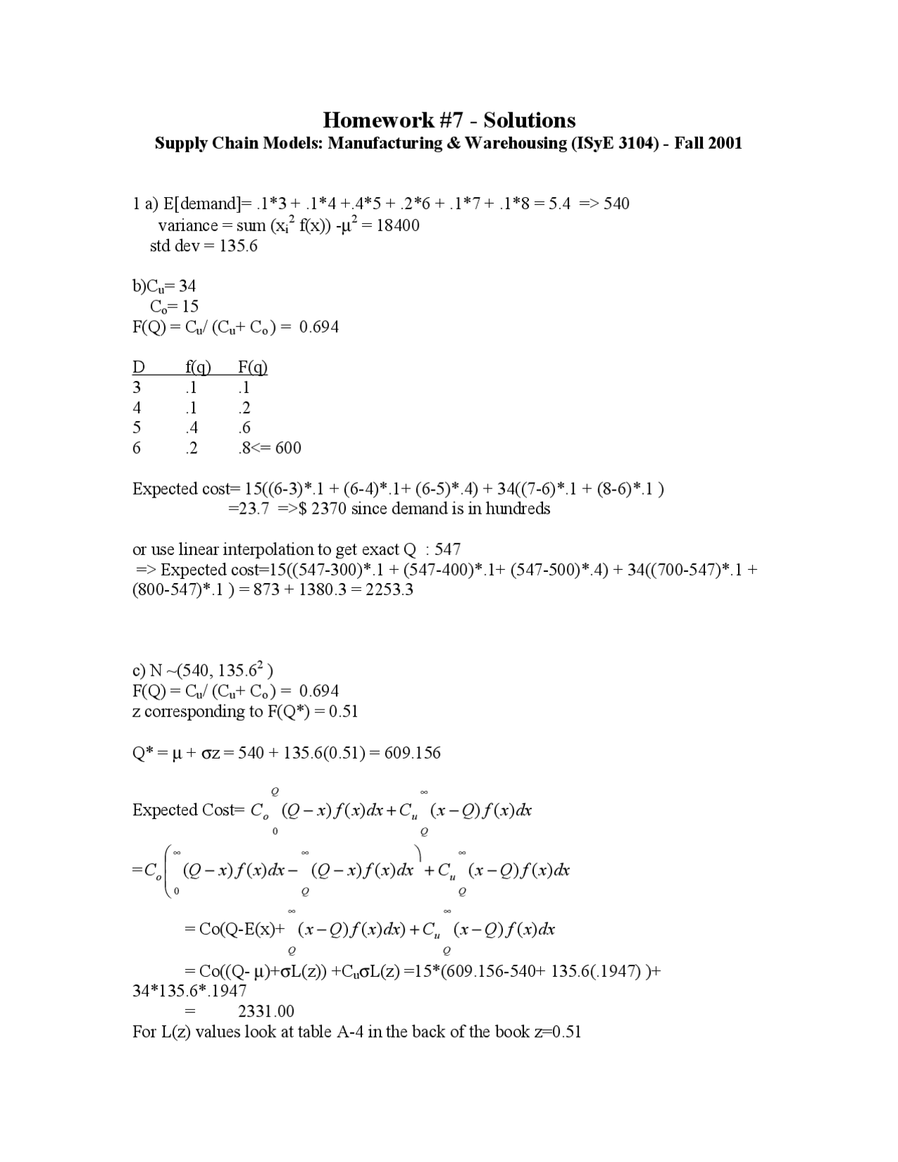 Assignment 7 - Supply Chain Modeling: Manufacturing and warehousing | ISYE 3104 - Docsity