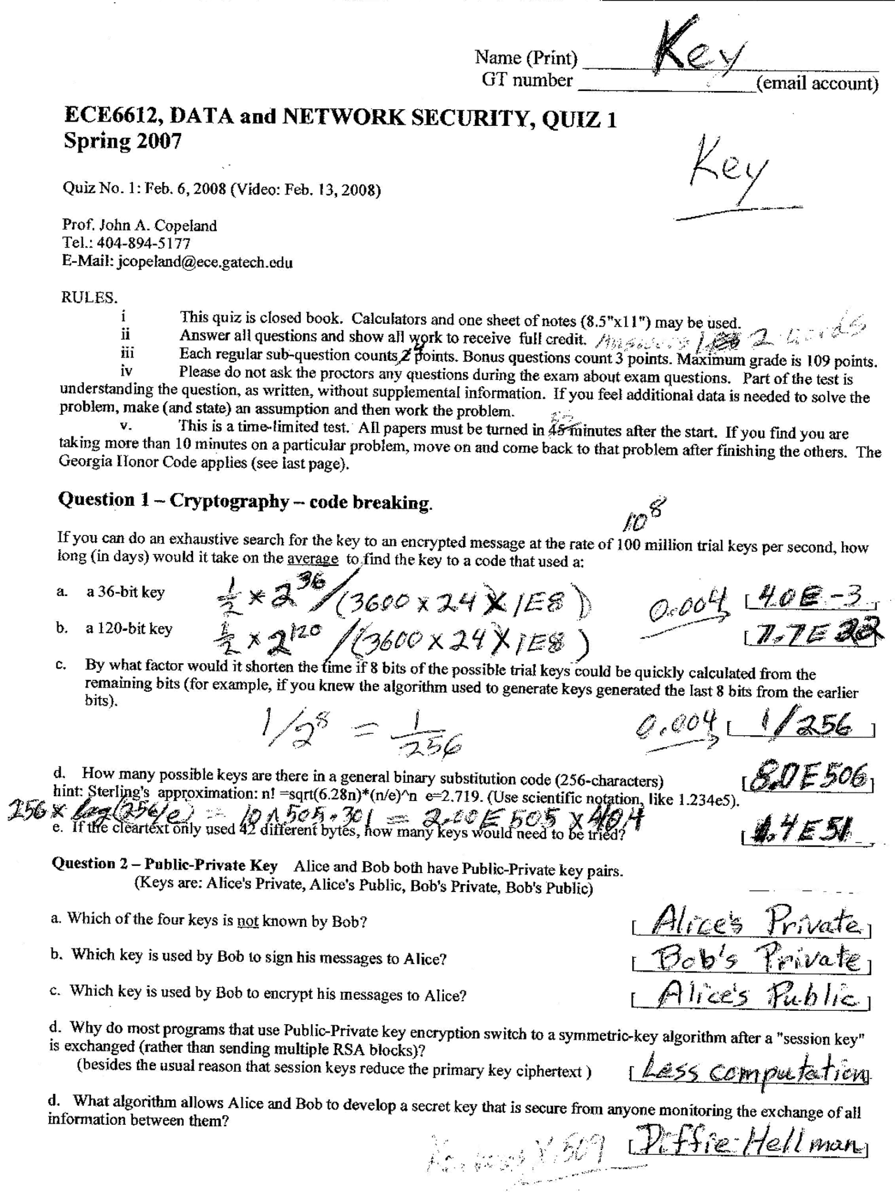 Quiz 1 - 6 Questions on Data and Network Security with Solution | ECE 6612 | Quizzes ...