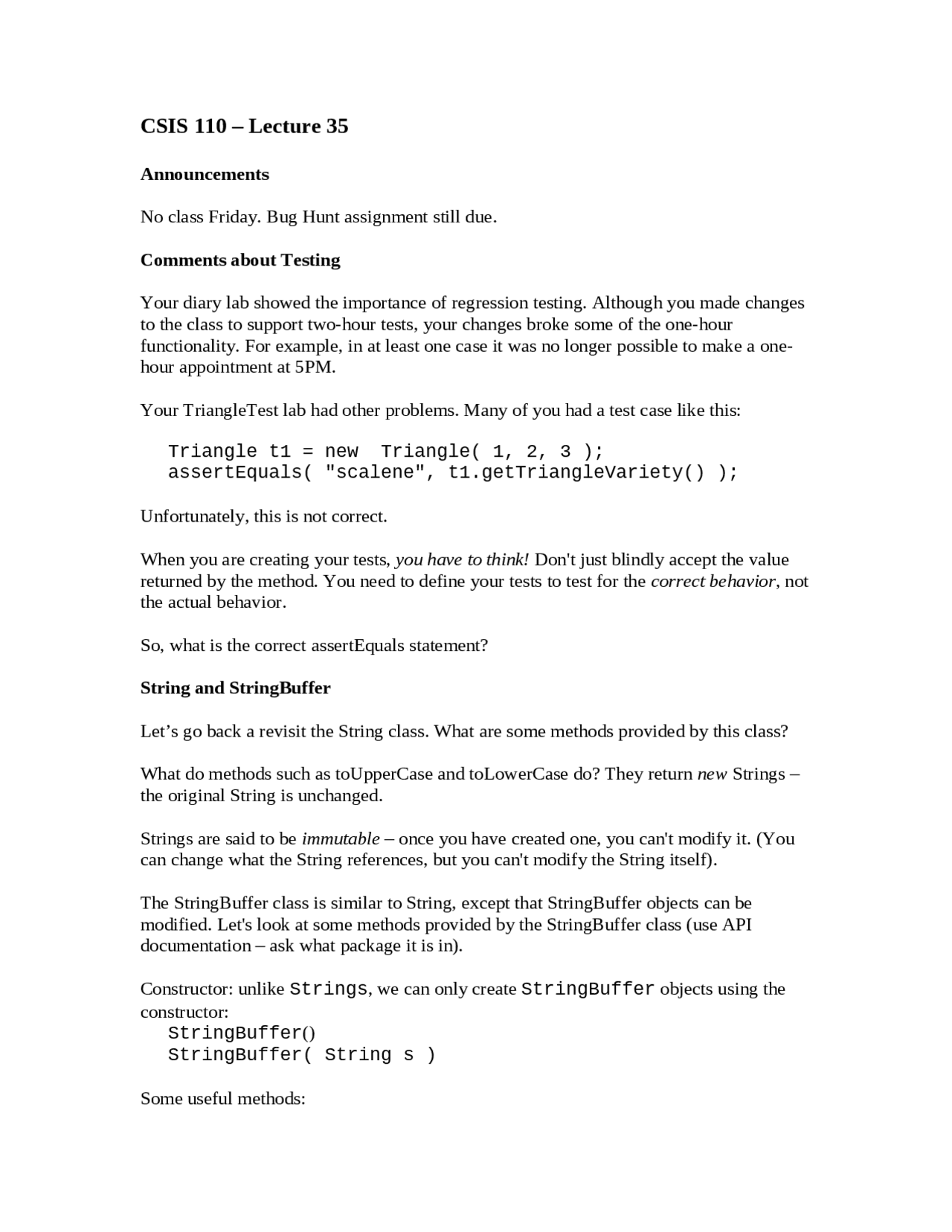CSIS 110 Lecture 35: String Manipulation and StringBuffer - Prof. Brian ...