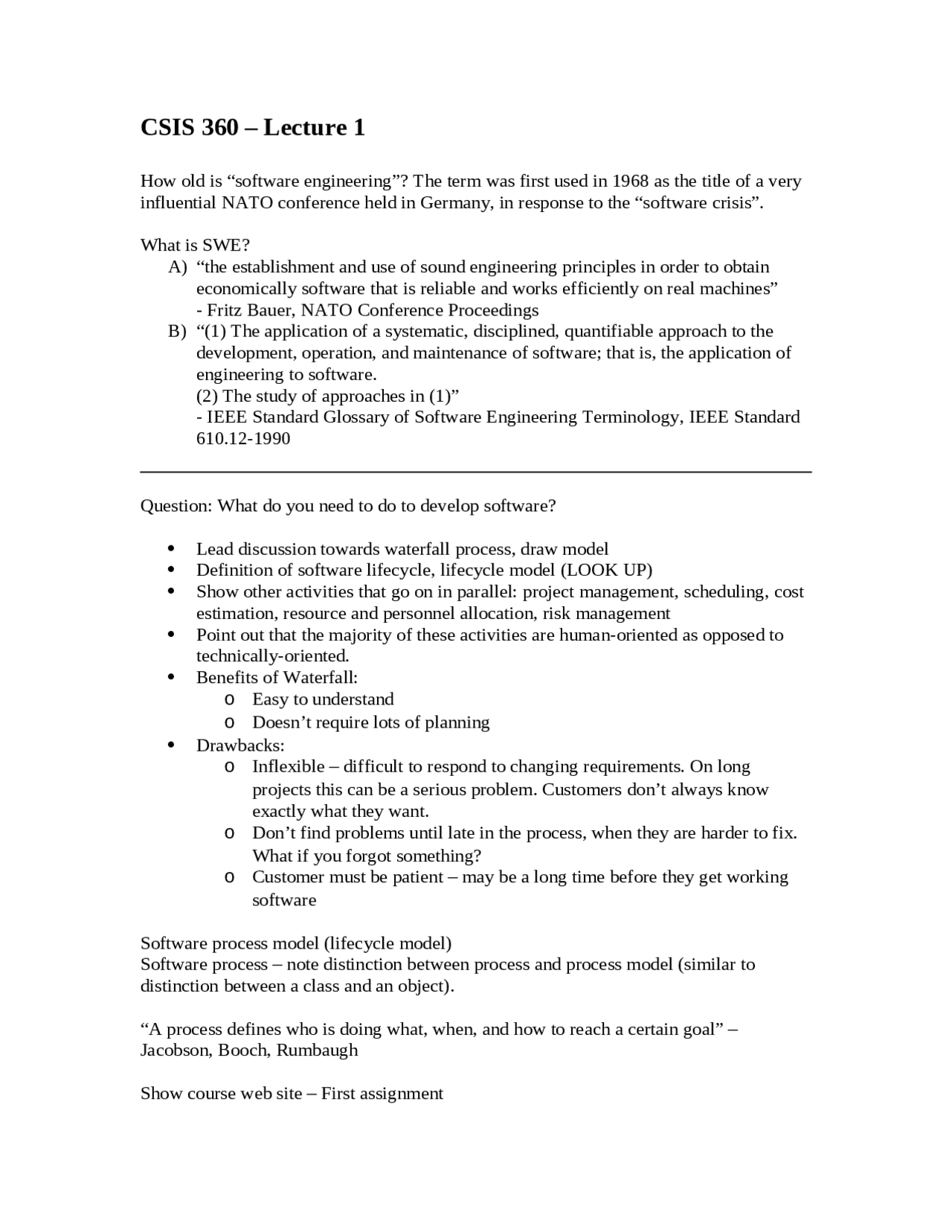 Review Sheet For System Analysis In Software Engineering 1 Csis 360 Docsity