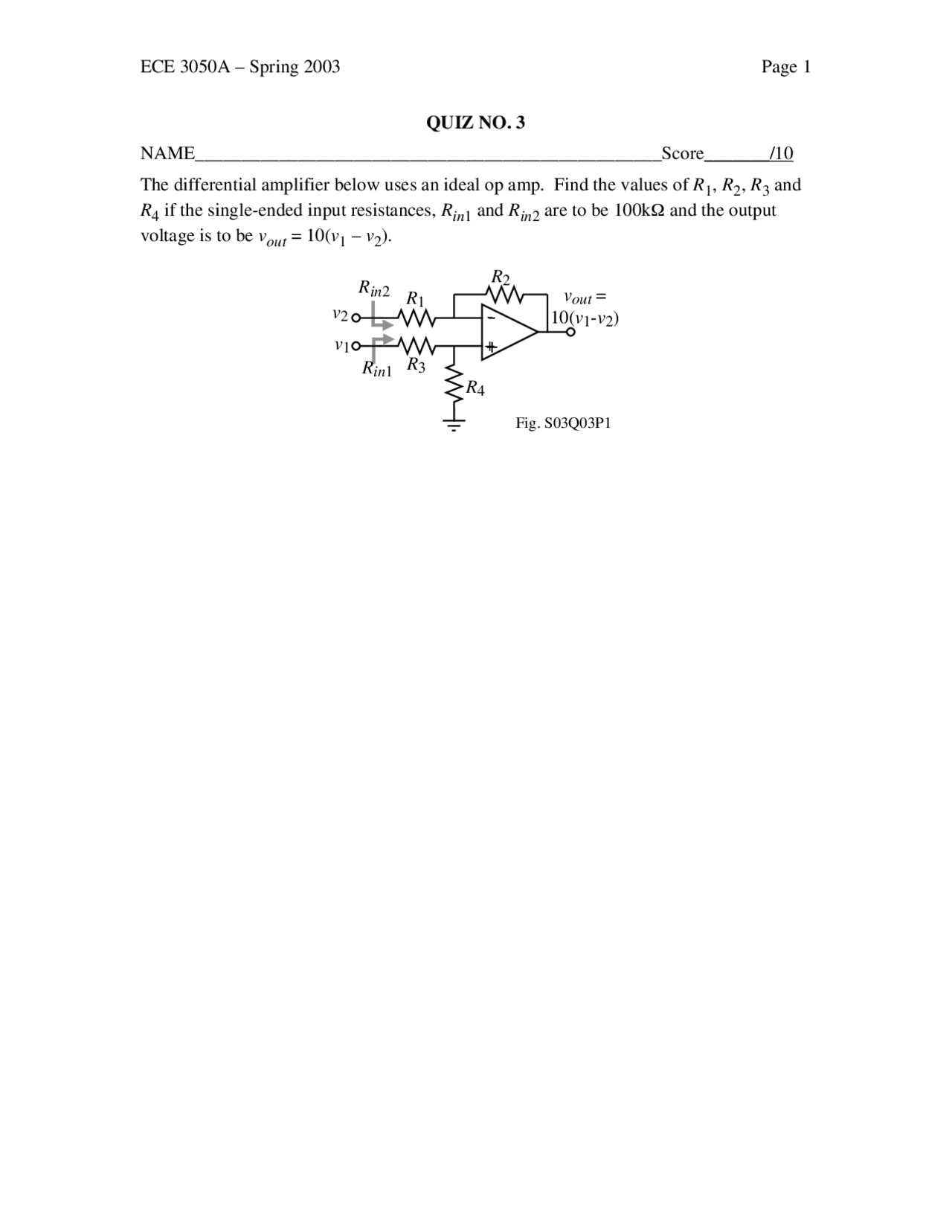 Quiz 3 Problem On Analog Electronics Spring 2003 Ece 3050 Quizzes