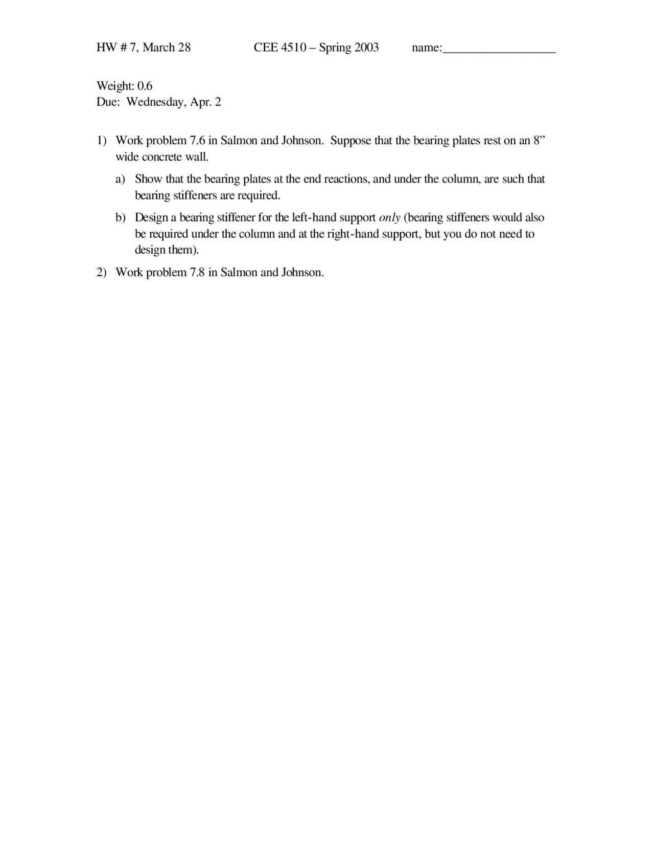 Homework 7 On Structural Steel Design Spring 2003 Cee 4510 Docsity