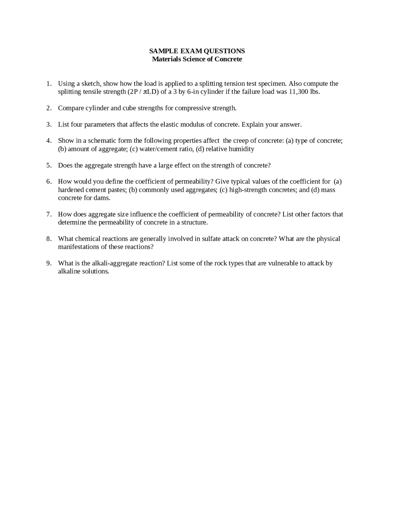 Sample Exam Questions Materials Science Of Concrete Cee 3020 Docsity