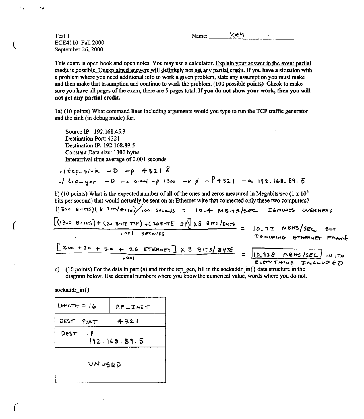 Internetwork Programming Solved Test 1 Fall 2000 Ece 4110 Docsity