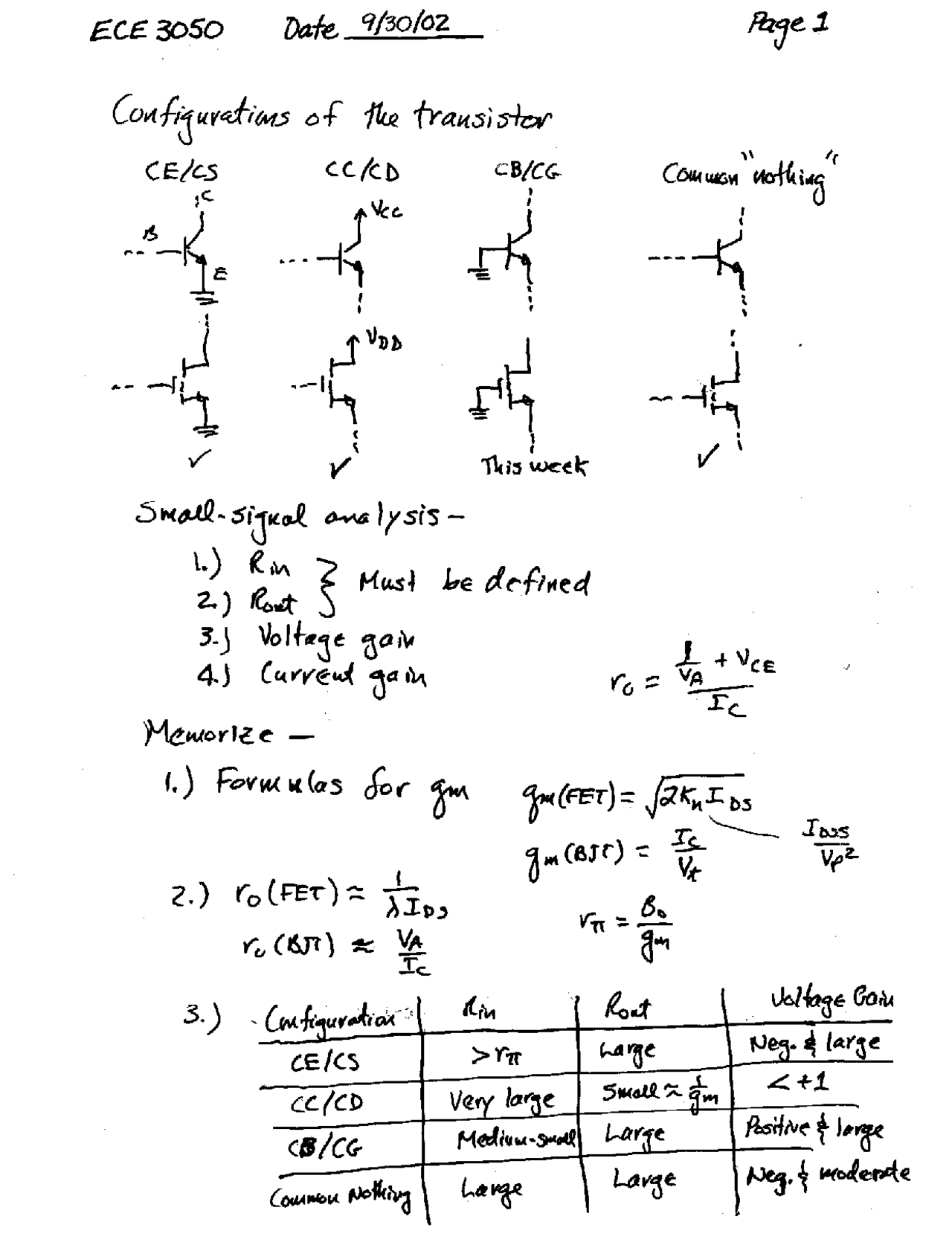 Configurations of the Transistor - Lecture Handout | ECE 3050 - Docsity