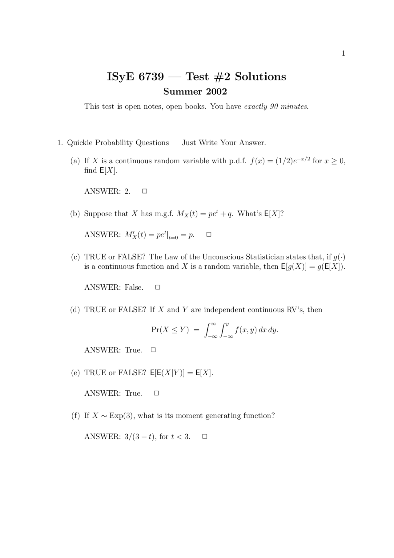 Solutions To Test 2 Statistical Methods Isye 6739 Docsity