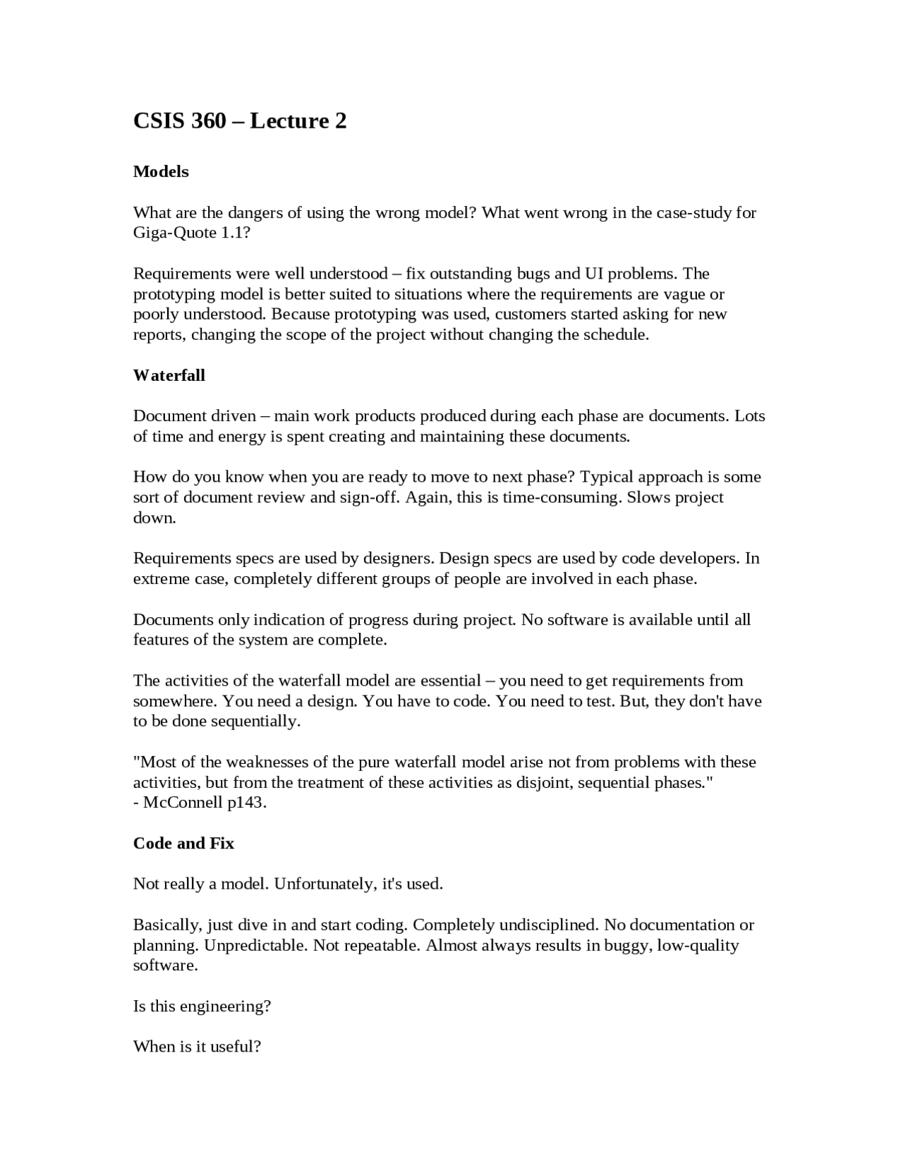 Models, Waterfall, Code and Fix, Spiral, Evolutionary Prototyping ...