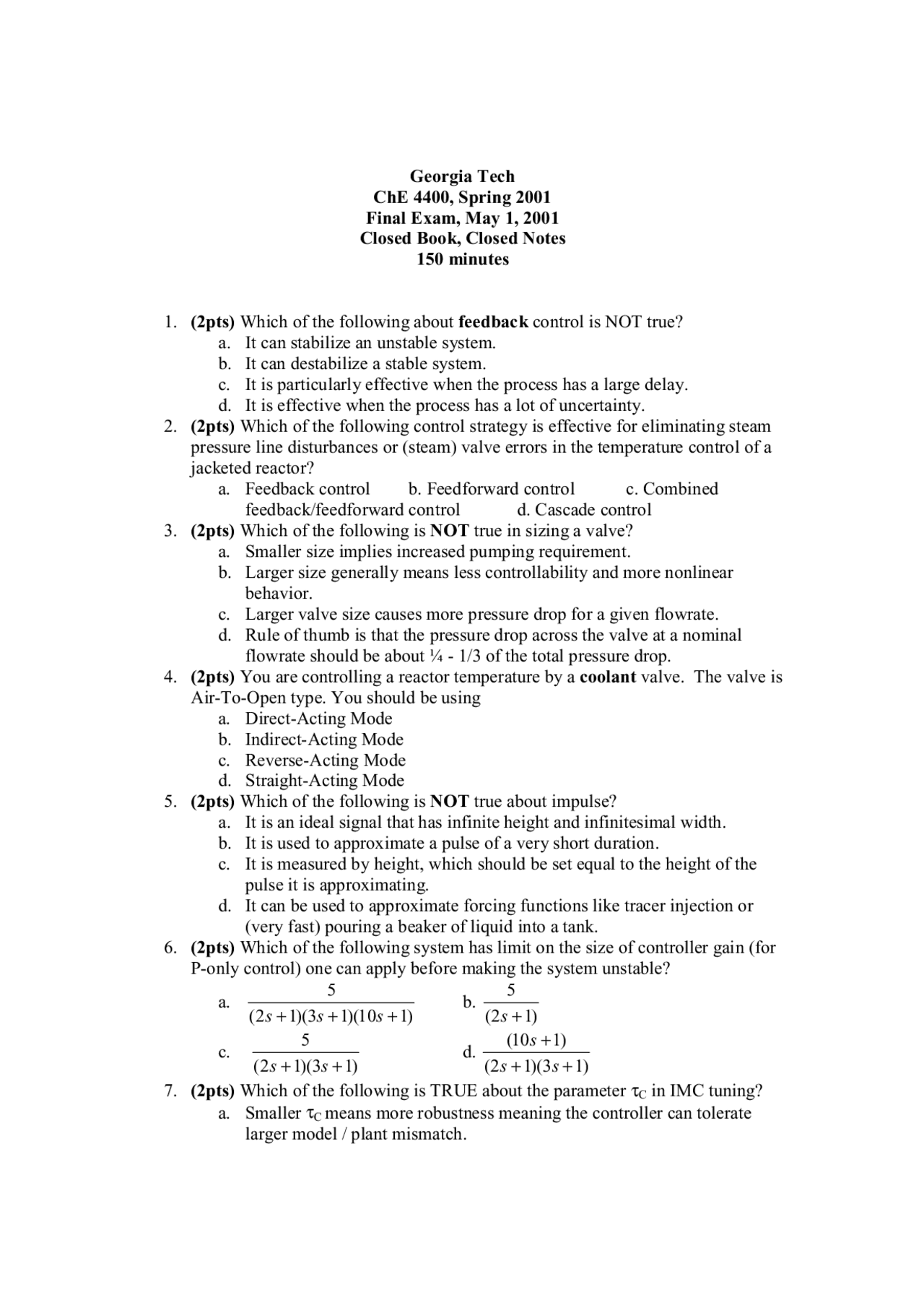 Chemical Process Control Final Exam Fall 2001 Chbe 4400 Docsity