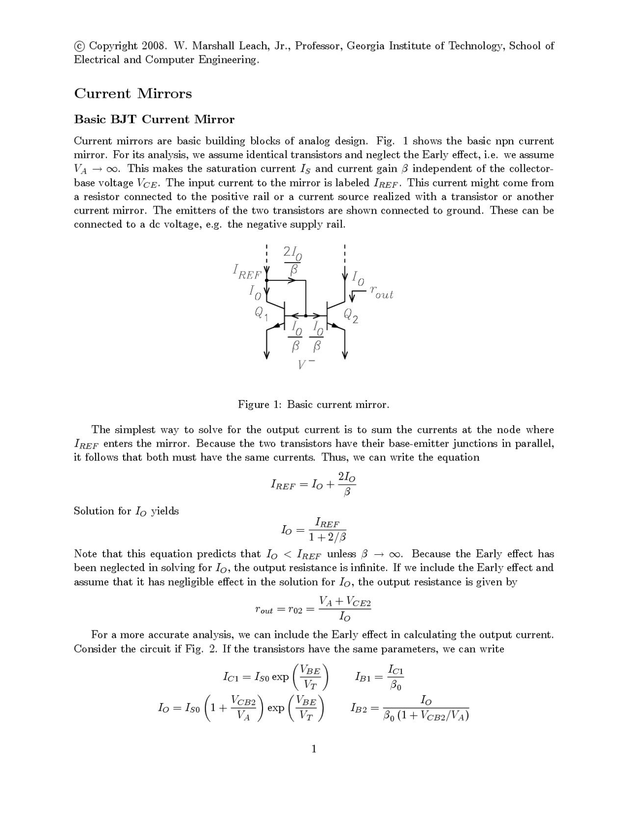 Notes For Current Mirrors Analogue Electronics Ece 3050 Docsity