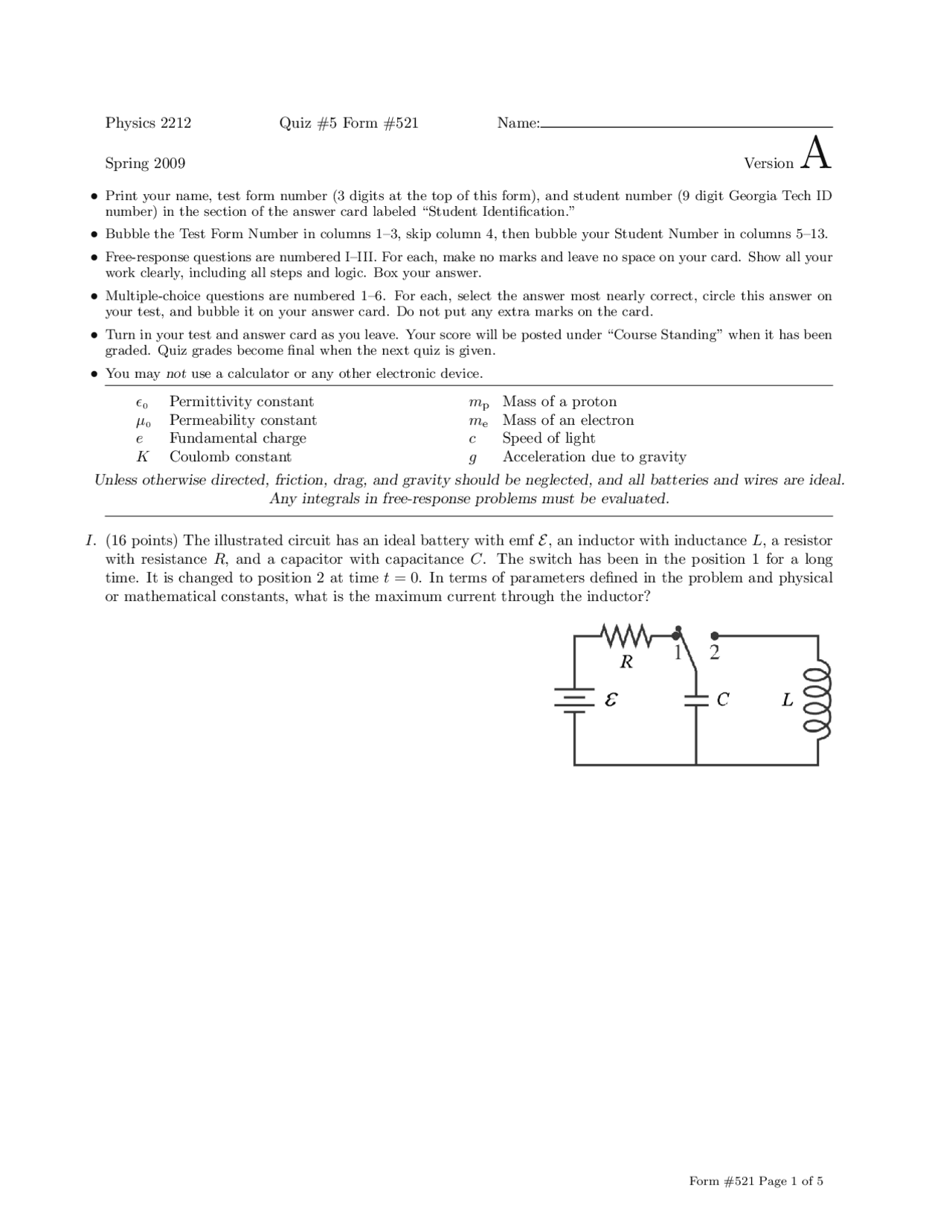 6 Problems On Introduction To Physics Ll Quiz 5 Phys 2212 Docsity