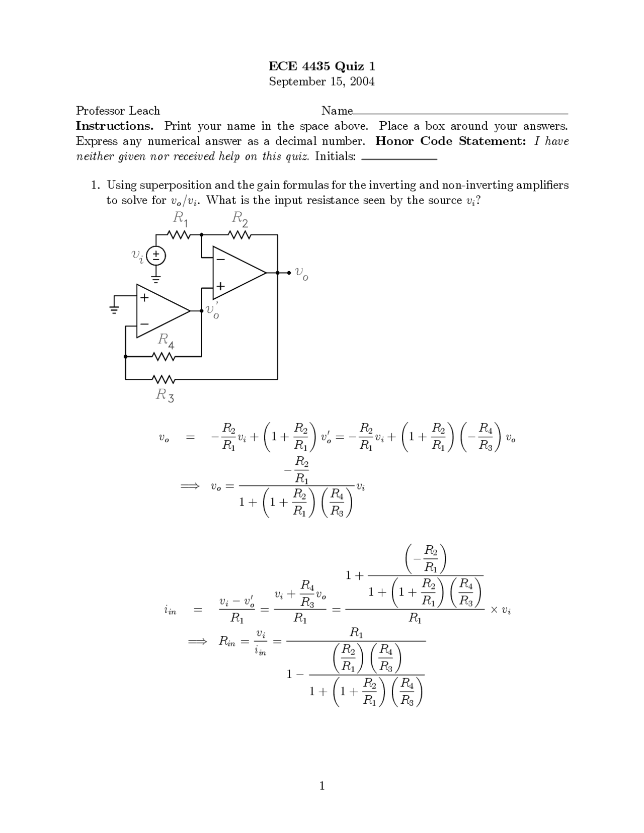 2 Questions For Quiz 1 Operational Amplifiers Design Fall 2004