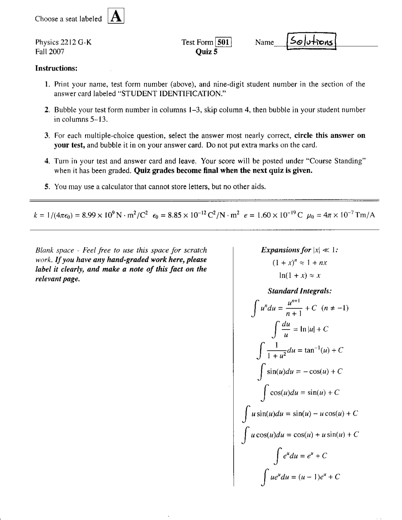 Solutions For Introduction To Physics I Quiz Five Phys 2212 Docsity